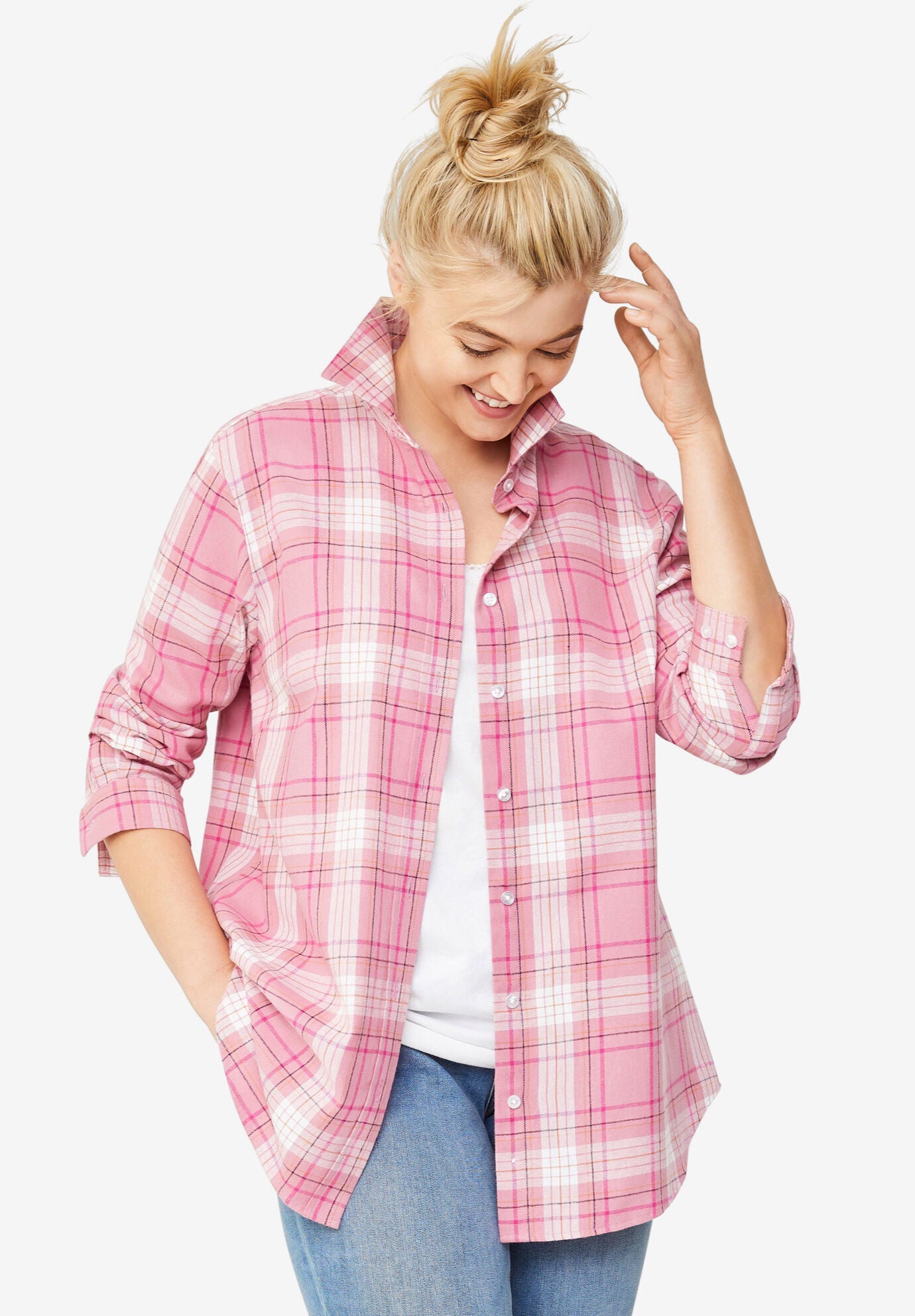Plaid Flannel Shirt - Soft Cotton Button-Front, Dusty Pink Plaid ...