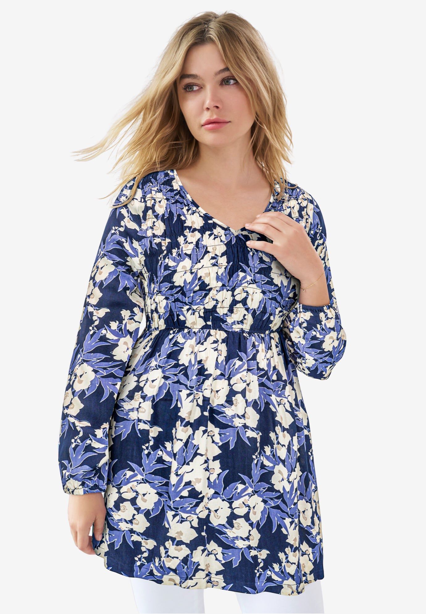 V-Neck Tunic with Smocked Bodice for Women, Navy Ivory Floral | Woman ...