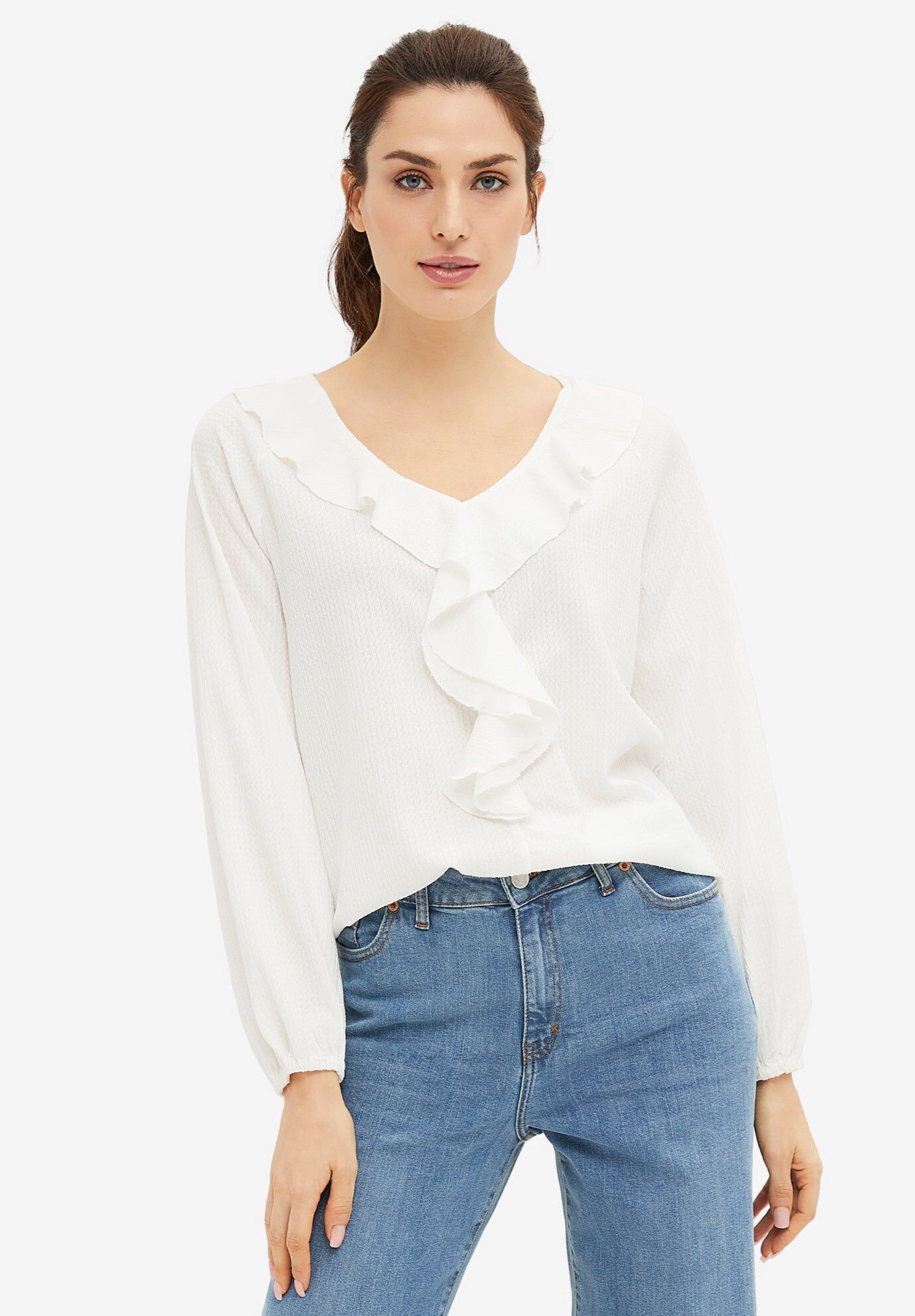 Knit Top With Ruffled V-Neck Blouson Sleeves, White | Woman Within