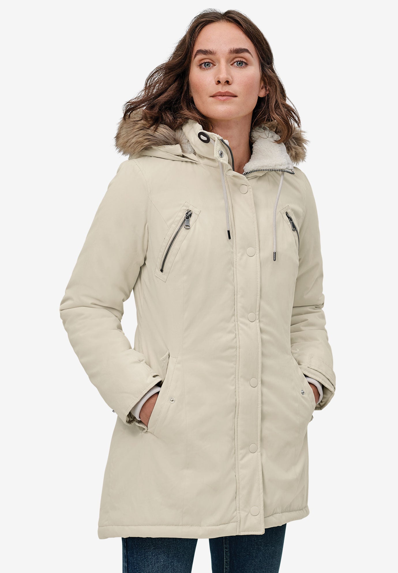 Modern A-line Sherpa Parka for Women, Stone | Woman Within