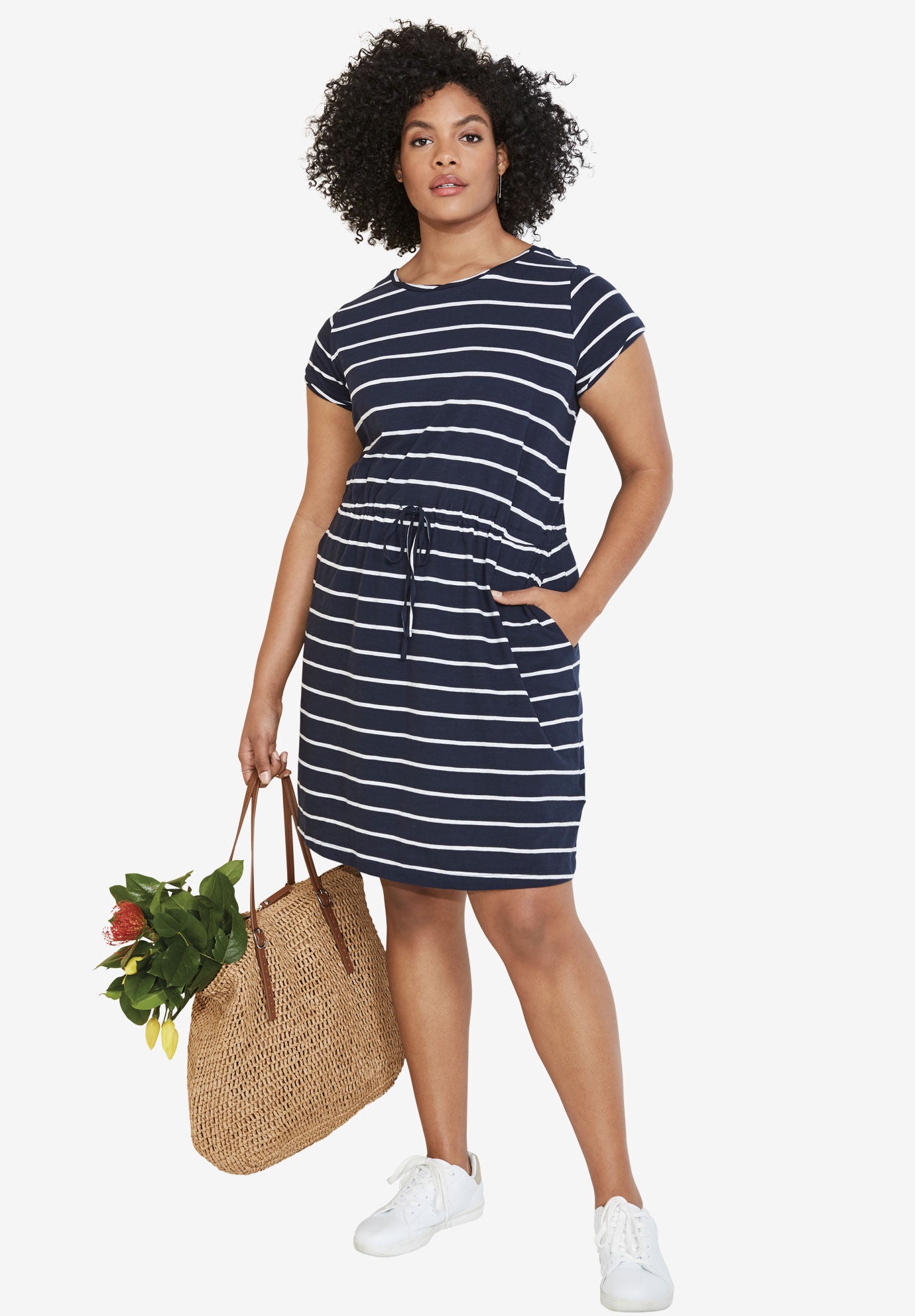 Knit Drawstring Dress For Weekend Getaways, Navy White Stripe | Woman