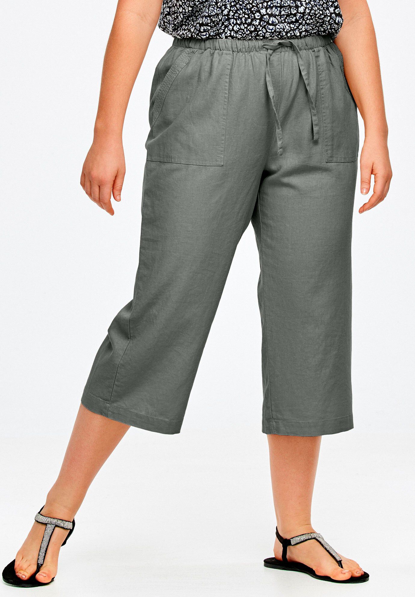 Linen Blend Drawstring Capris for Women, Olive Grey | Woman Within