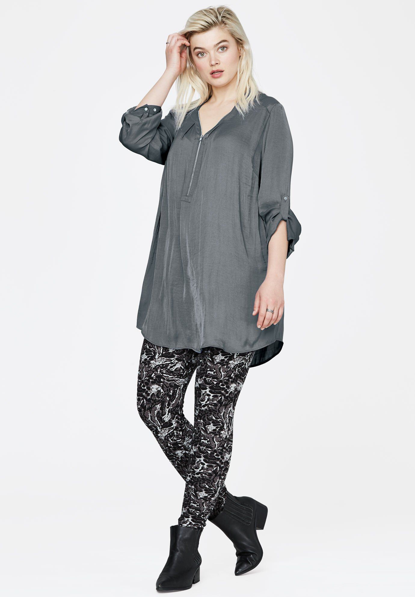 Zip-Front Sateen Tunic - A-line, Long Sleeve, Gunmetal | Woman Within