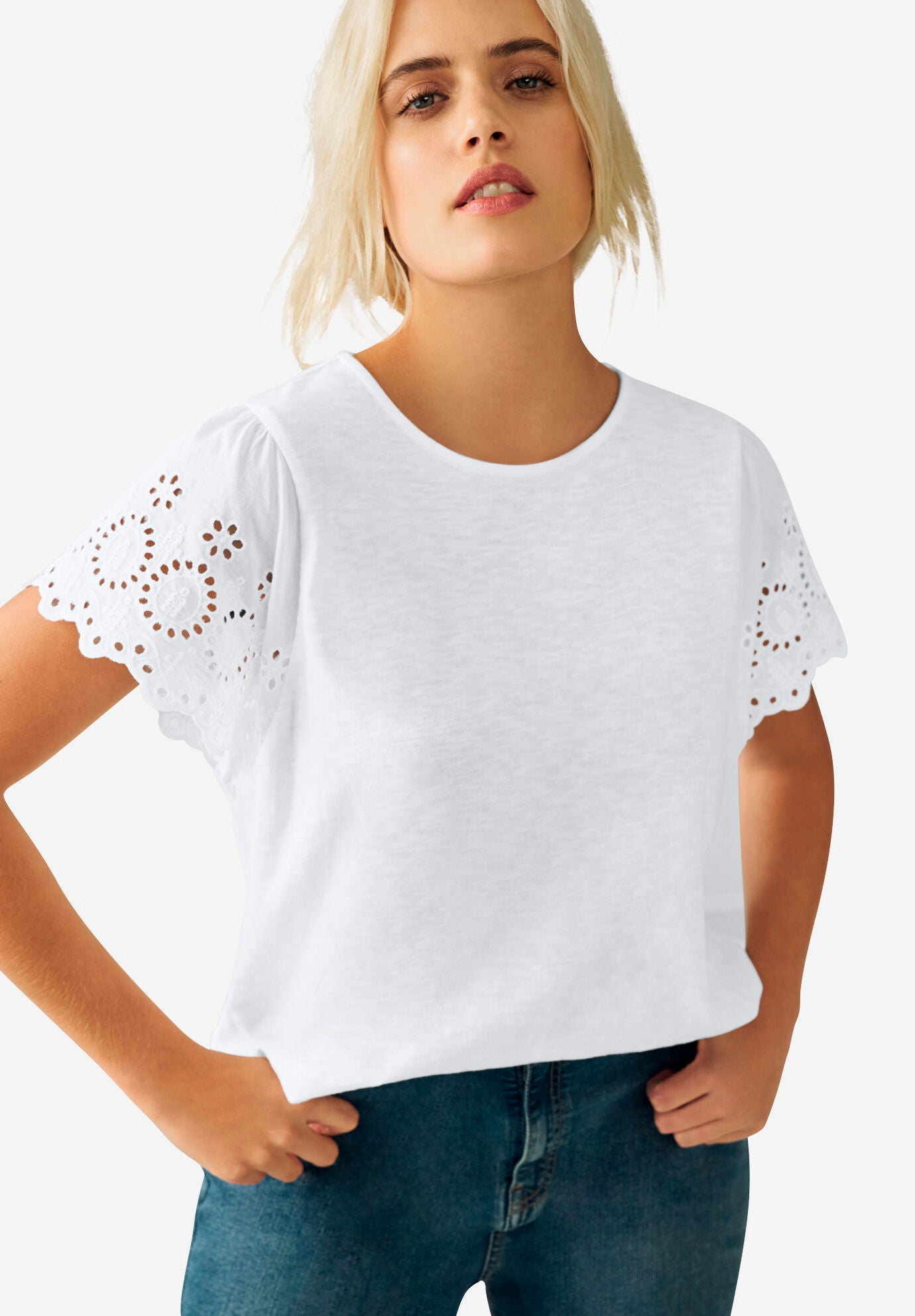 Plus Size Eyelet Cap Sleeve Tee, White | Woman Within