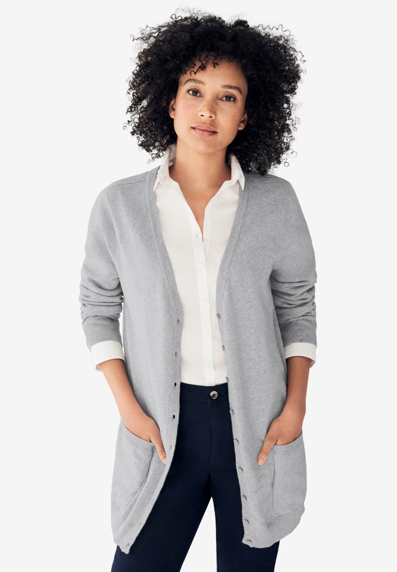Boyfriend Cardigan V-Neck Button Front Sweater, Heather Grey | Woman Within