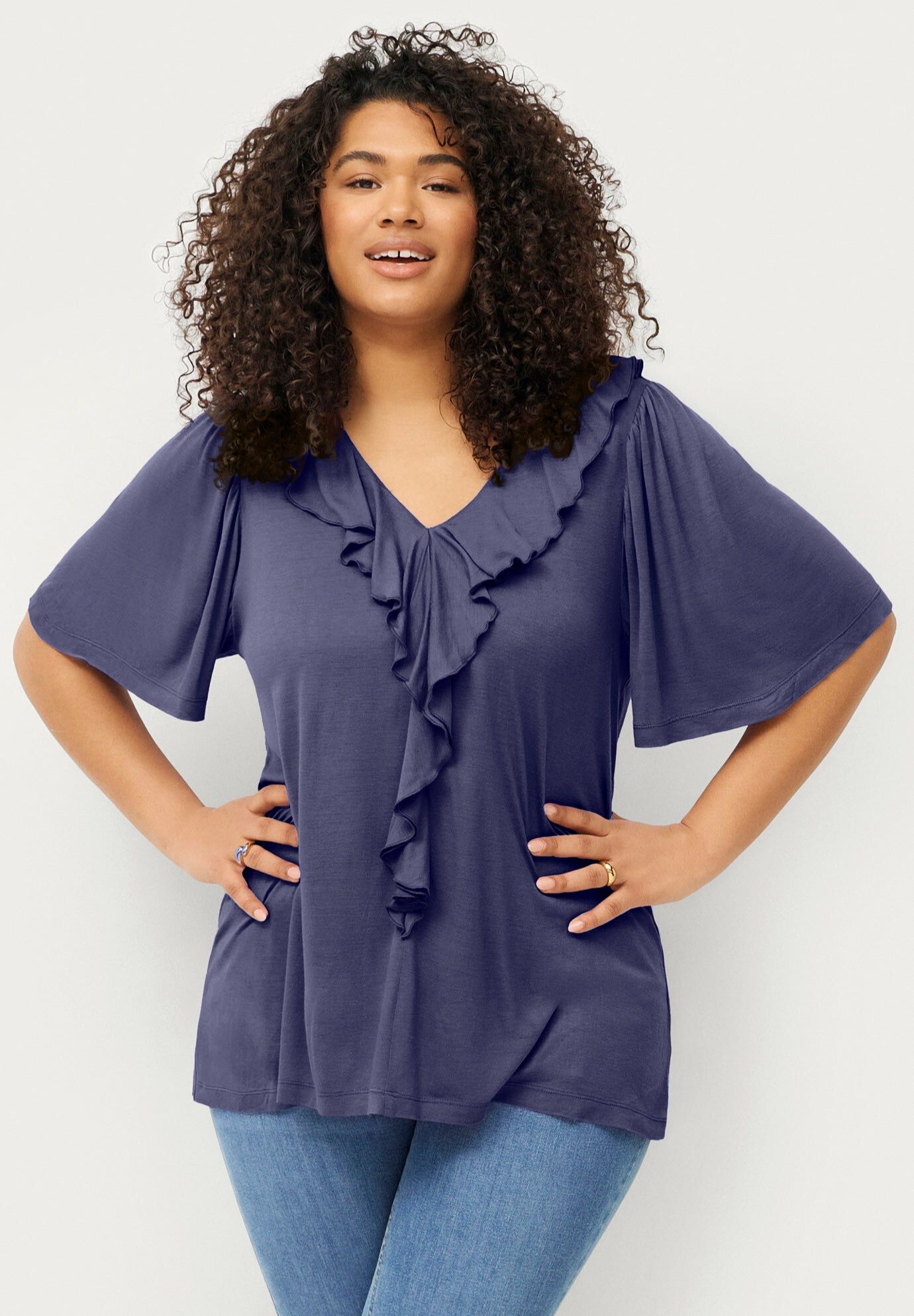 Ruffle Neck Flutter Sleeve Tunic - Plus Size, Apricot Flower | Woman Within