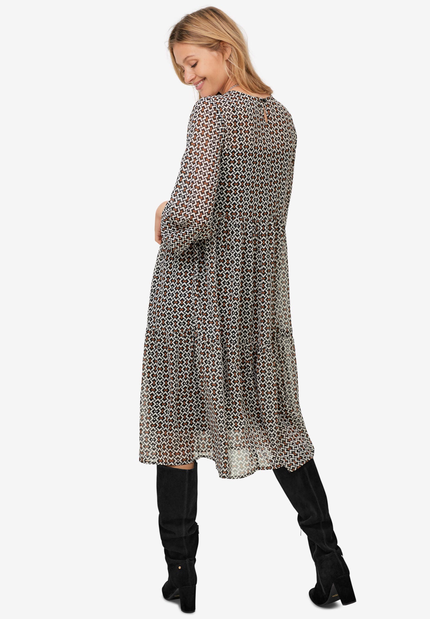 Sheer Overlay Tiered Dress with Blouson Sleeves, Black Geometric Print ...