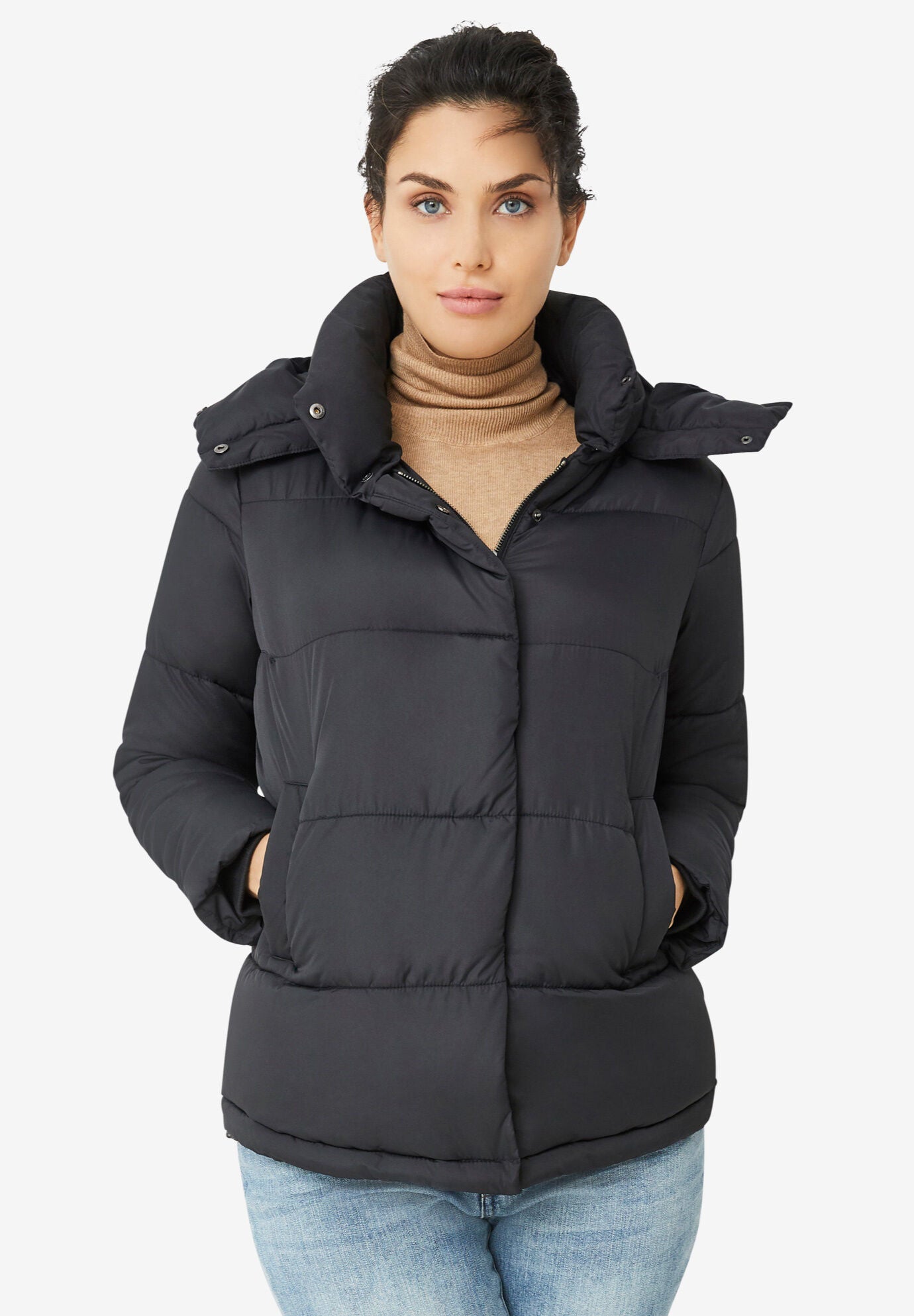 Women's Water-Resistant Short Hooded Puffer, Black | Woman Within