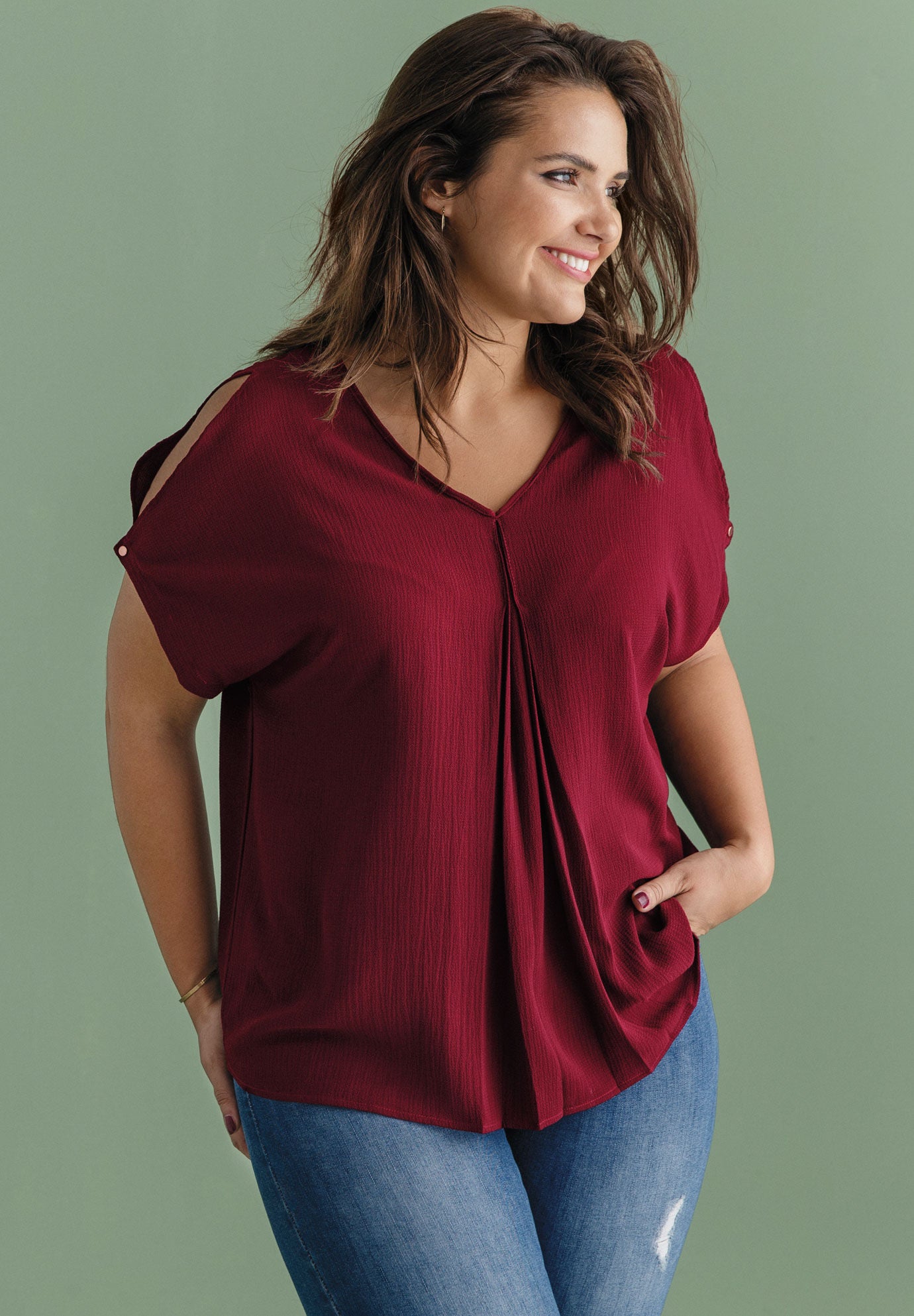 Slit Sleeve Blouse - Boxy Silhouette Top, Rich Burgundy | Woman Within