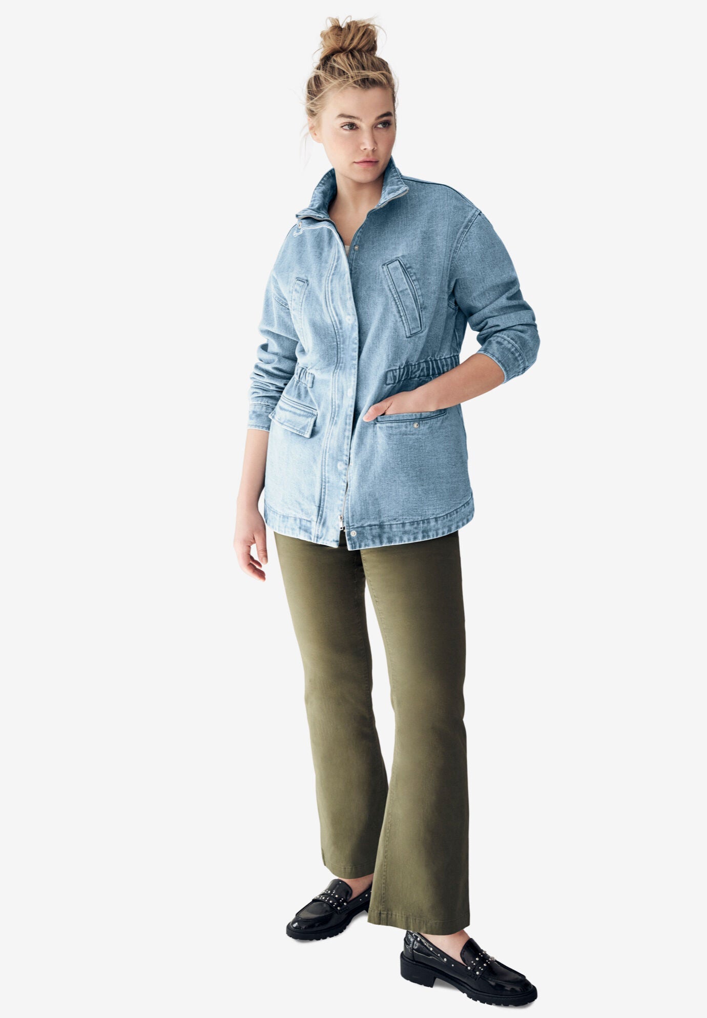 Soft-Washed Denim Jacket with Elastic Waist, Light Stonewash | Woman Within