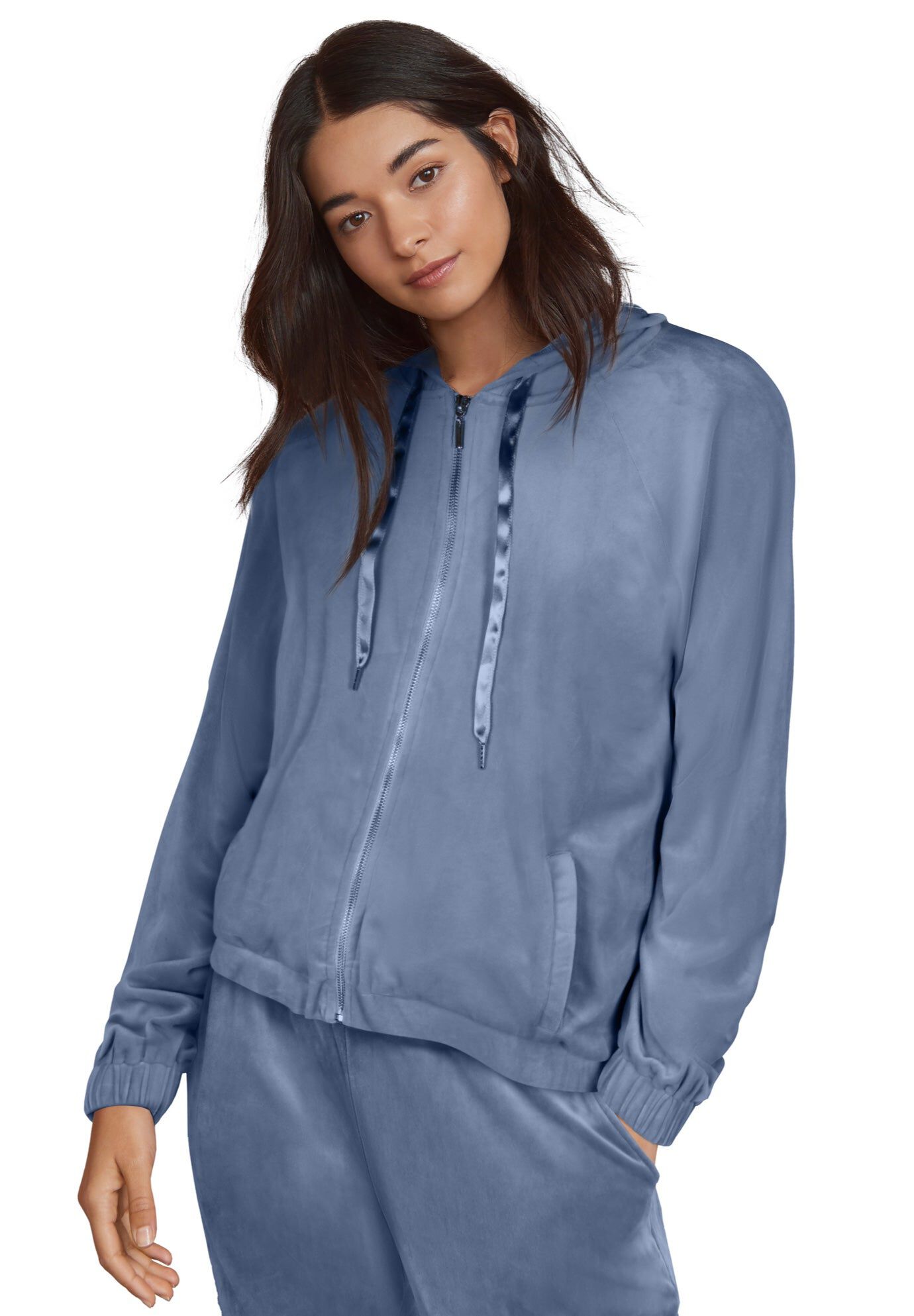 Velour Hooded Sweatshirt with Side Pockets, Pale Indigo | Woman Within