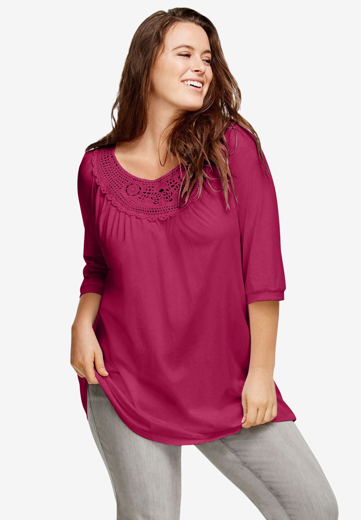 Crochet Trim Tunic with Feminine Accents, Berry Red | Woman Within