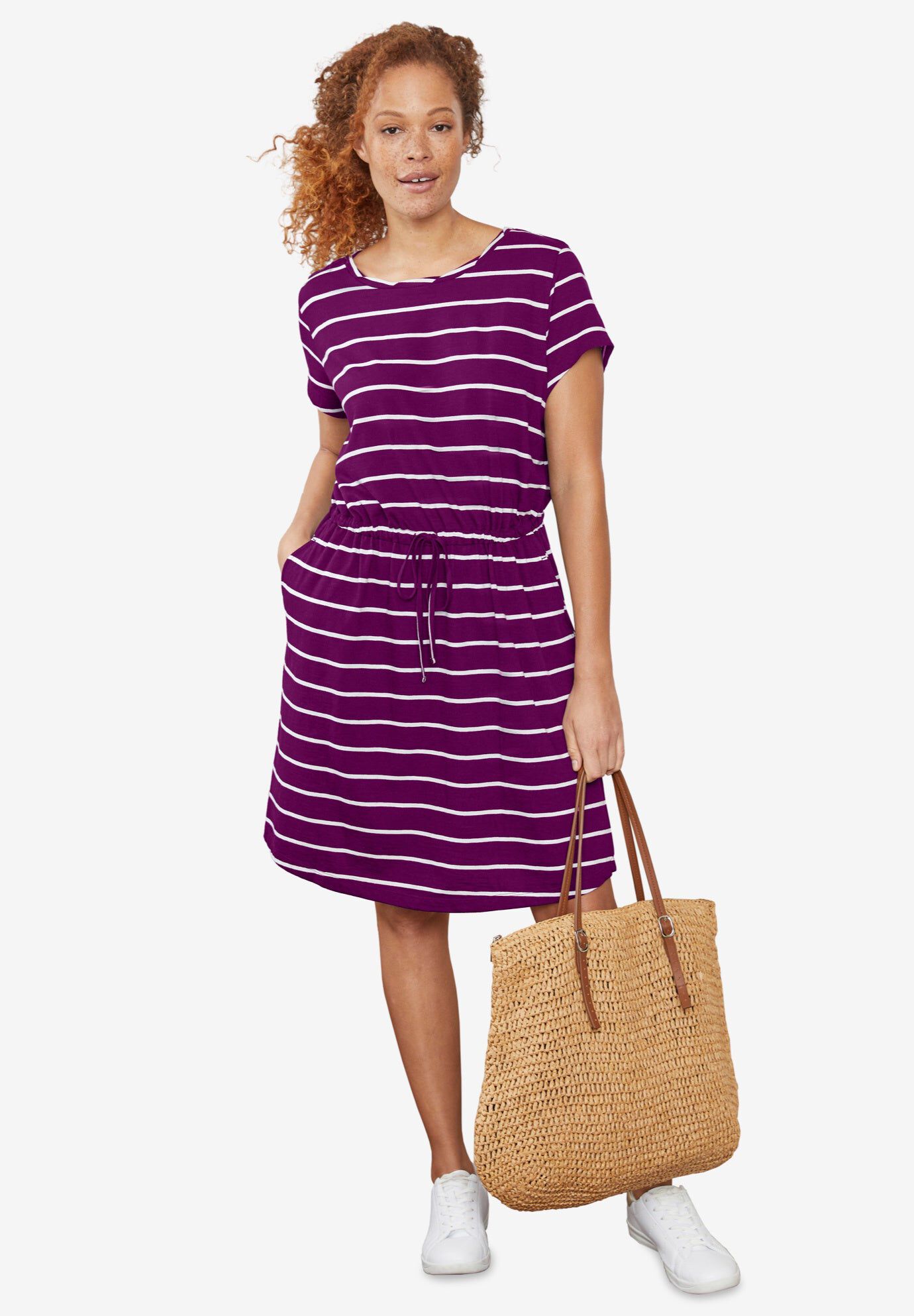 Knit Drawstring Dress for Weekend Getaways, Boysenberry White Stripe ...