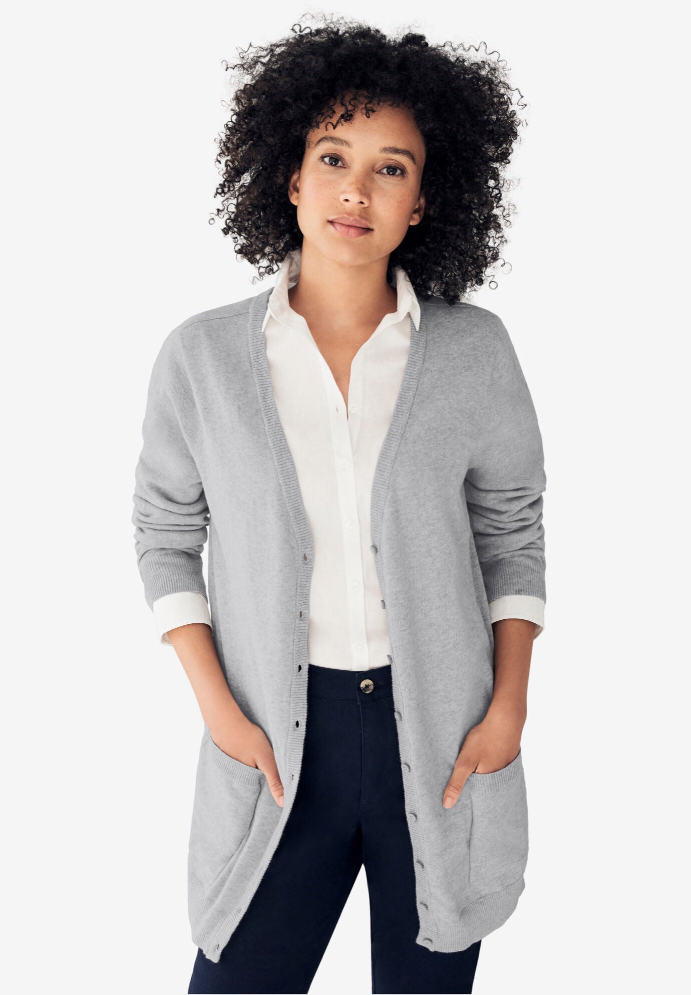 Boyfriend Cardigan V-Neck Button Front Sweater, Black | Woman Within