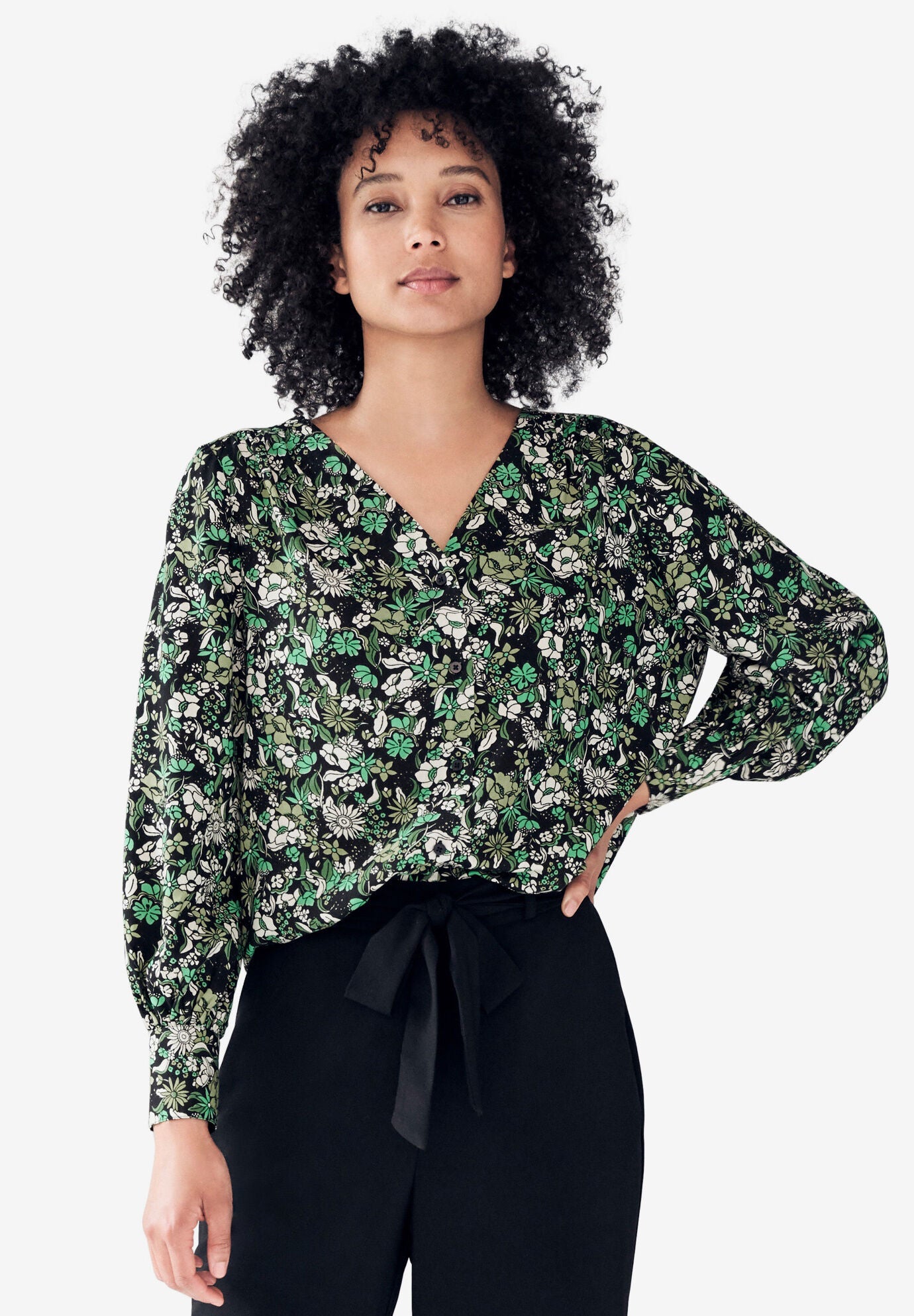 Blouson Sleeve Button Front Blouse in Rayon, Black Green Floral | Woman ...