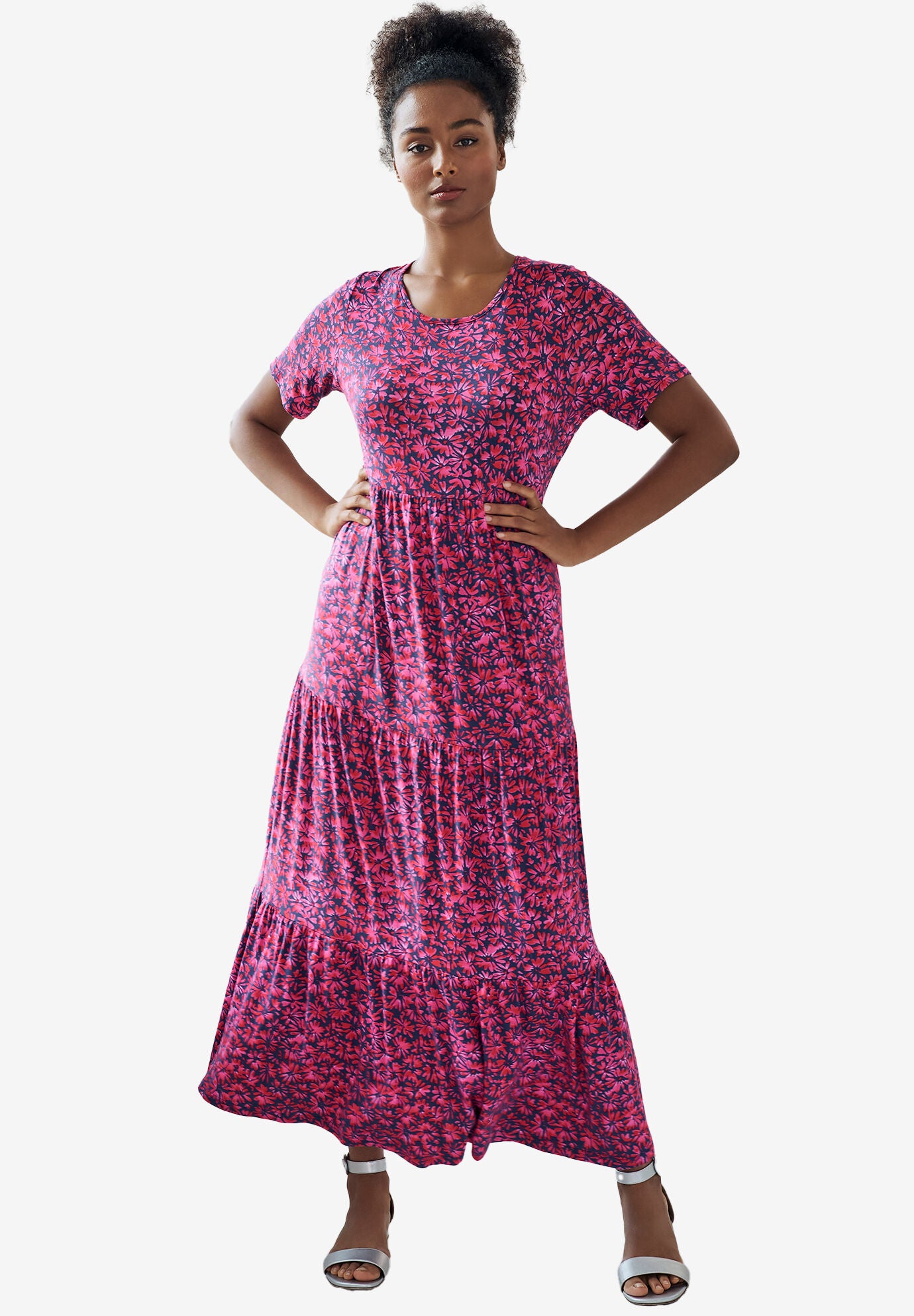 Short Sleeve Tiered Maxi Dress A-Line, Periwinkle Raspberry Floral ...