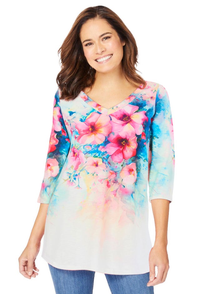 Watercolor Tunic with V-Neck and A-Line Design, White Watercolor ...
