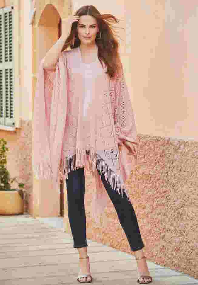 Warm Open Weave Shawl - Fashion-Forward Fringe, Soft Blush | Woman Within