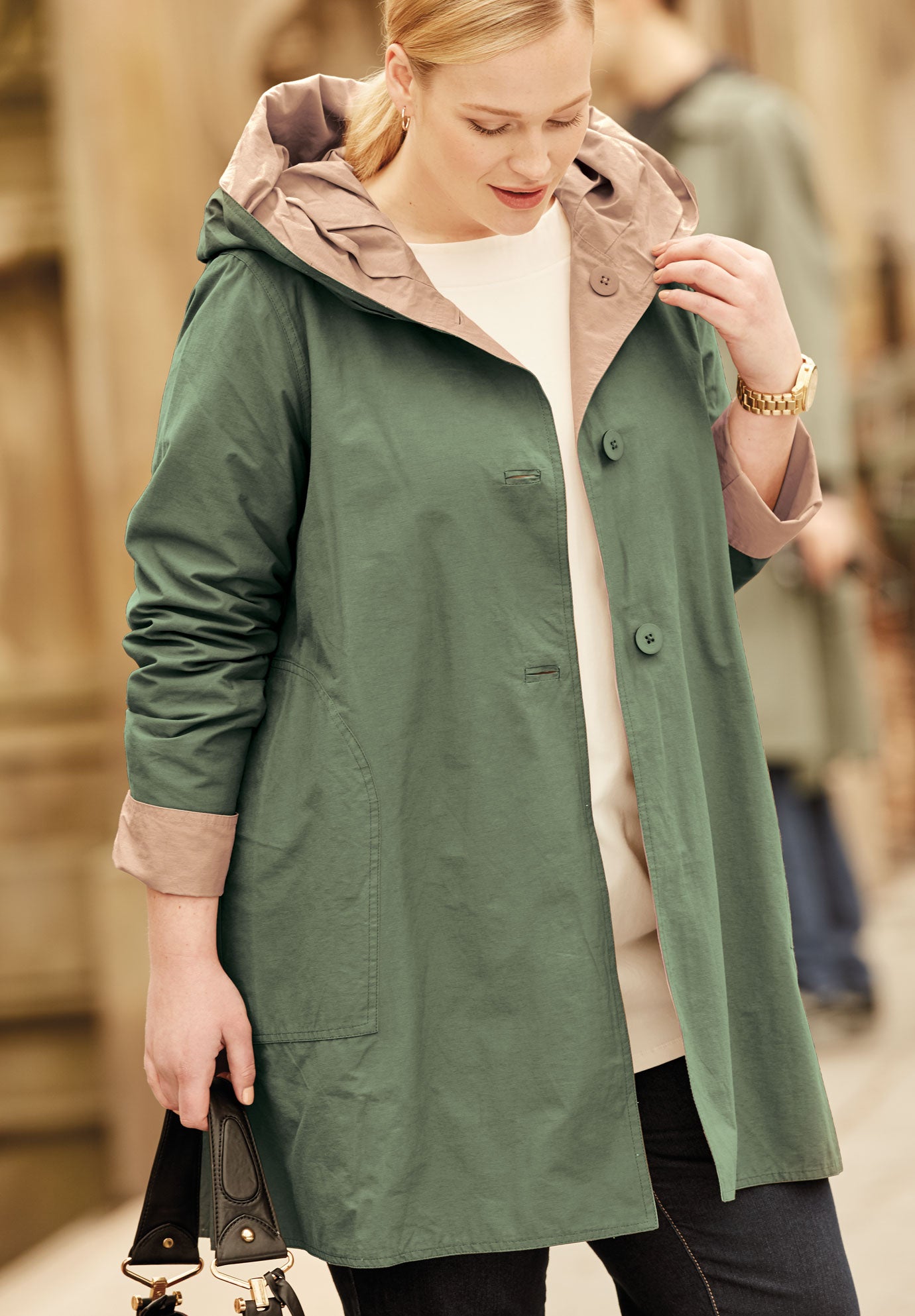 Reversible A-Line Hooded Raincoat, Camel Diamond Stripe | Woman Within