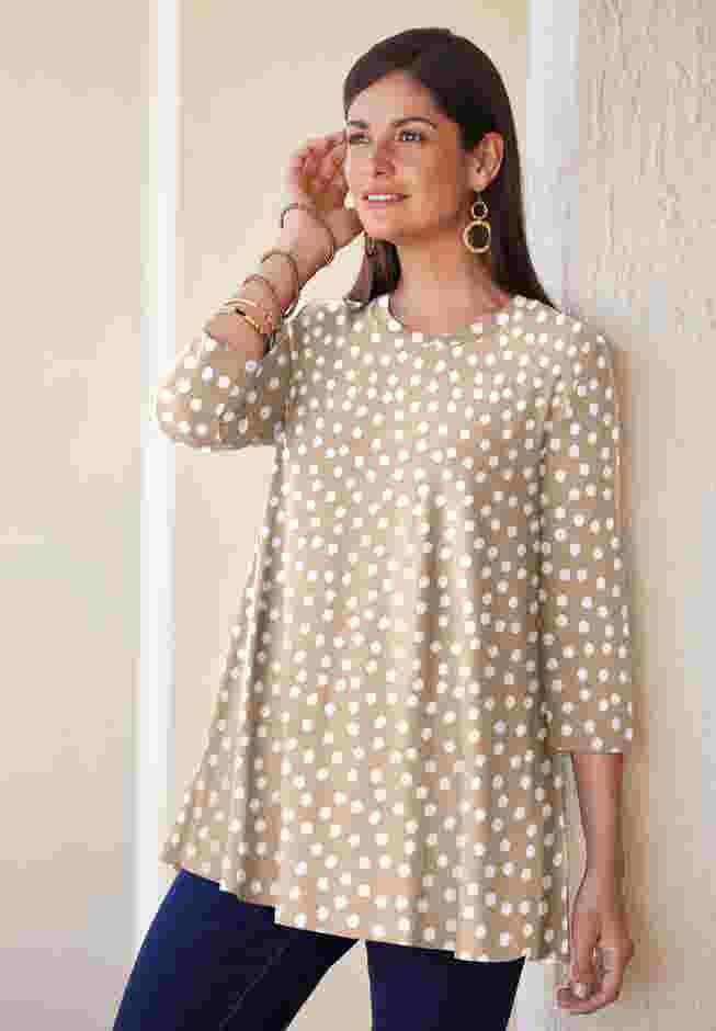 Knit Tunic with Stretch - Swing Style, New Khaki Dot | Woman Within