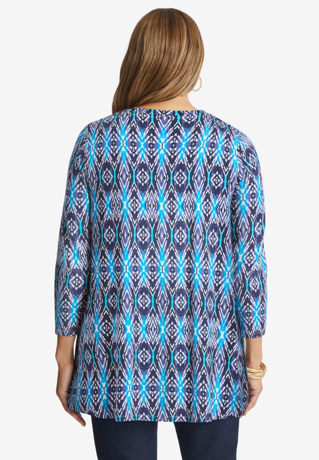 Knit Tunic with Stretch - Swing Style, Navy Tribal Ikat | Woman Within