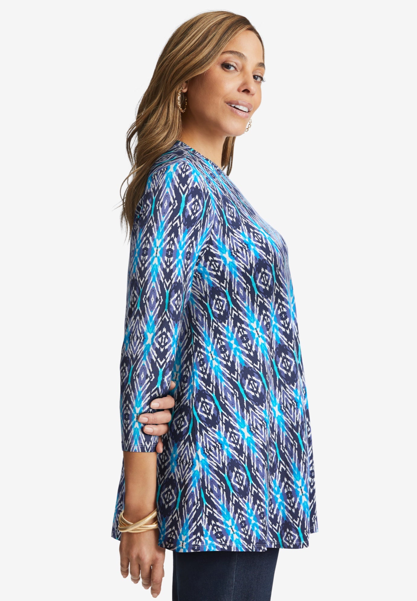 Knit Tunic with Stretch - Swing Style, Navy Tribal Ikat | Woman Within