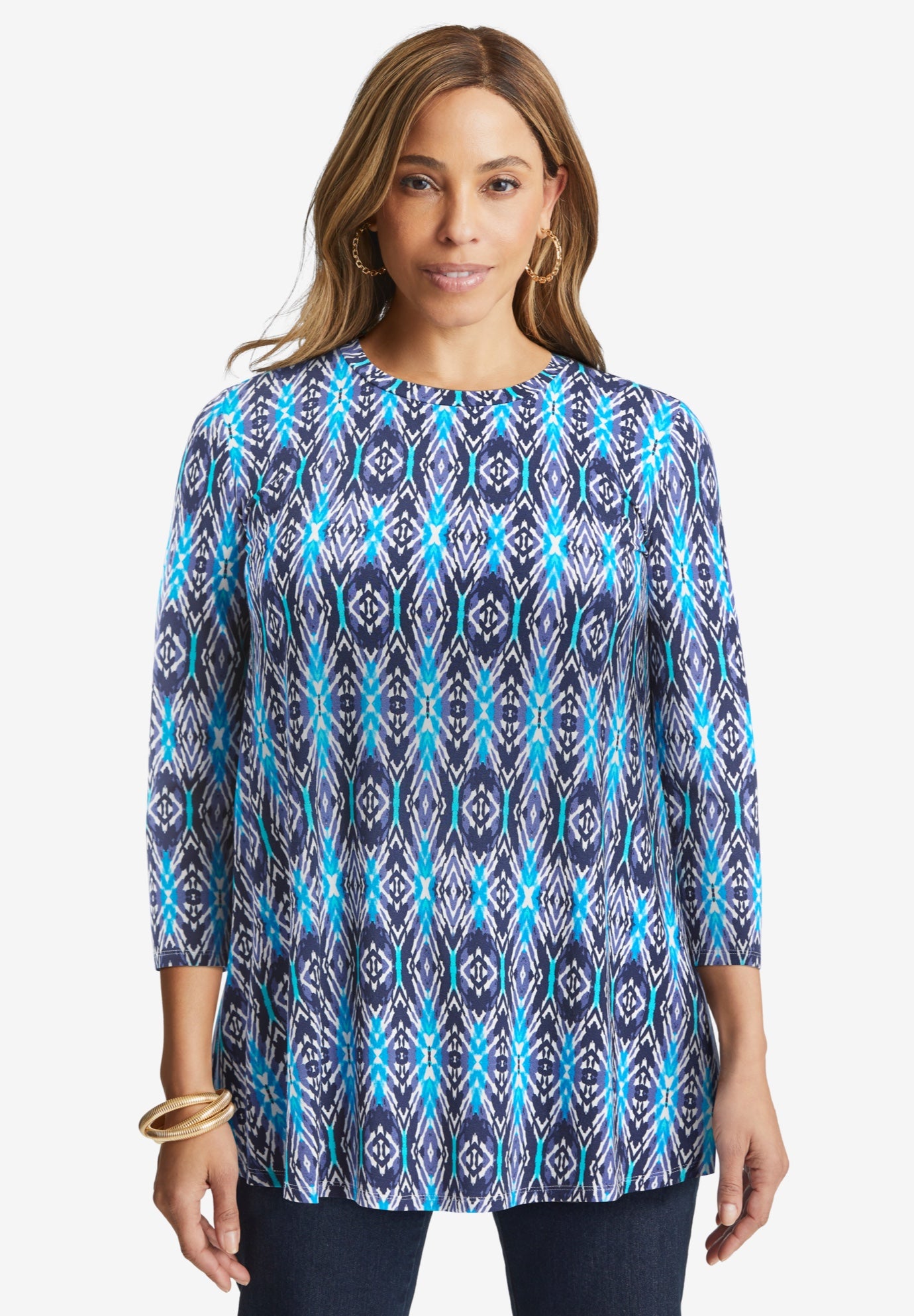 Knit Tunic with Stretch - Swing Style, Navy Tribal Ikat | Woman Within
