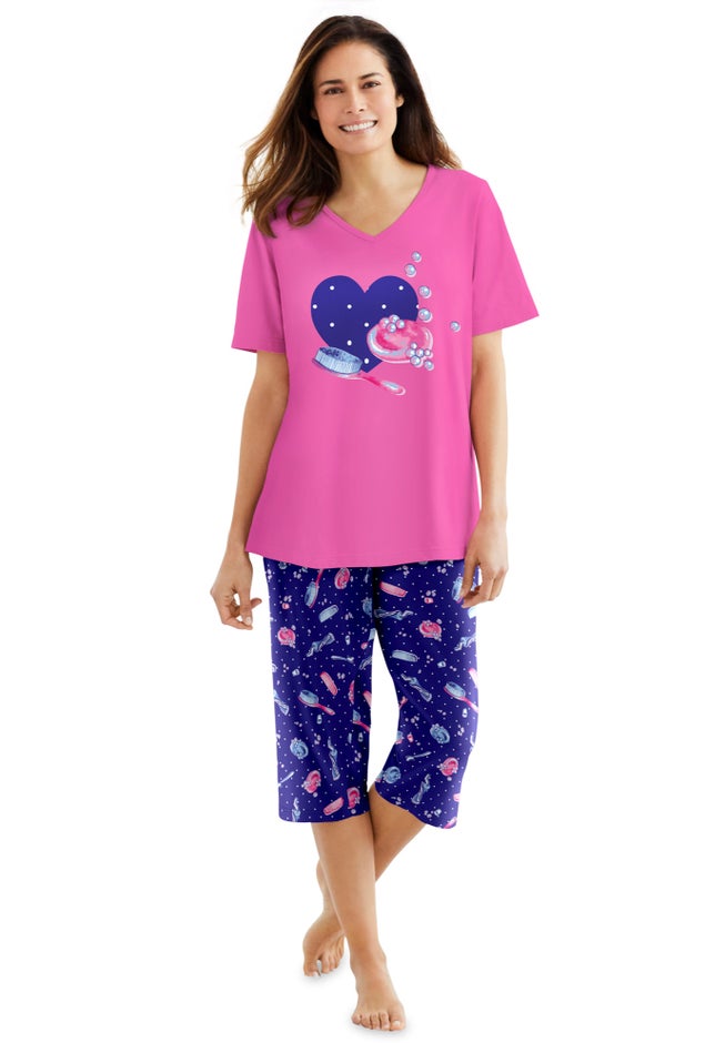 2-Piece Capri PJ Set for Women - Cotton Pajamas, Deep Teal Cat | Woman ...