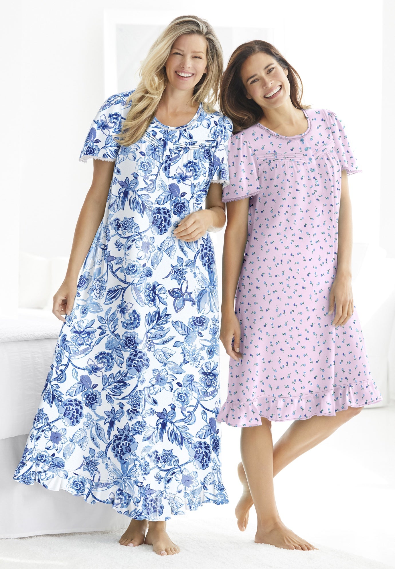 Long Ruffled Cotton Gown - Floral Print, Black Roses | Woman Within