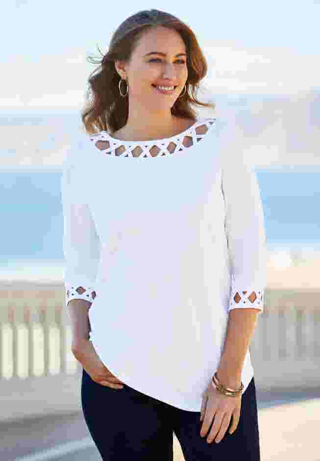 Stretch Cotton Lattice Boatneck Tunic Top, White | Woman Within