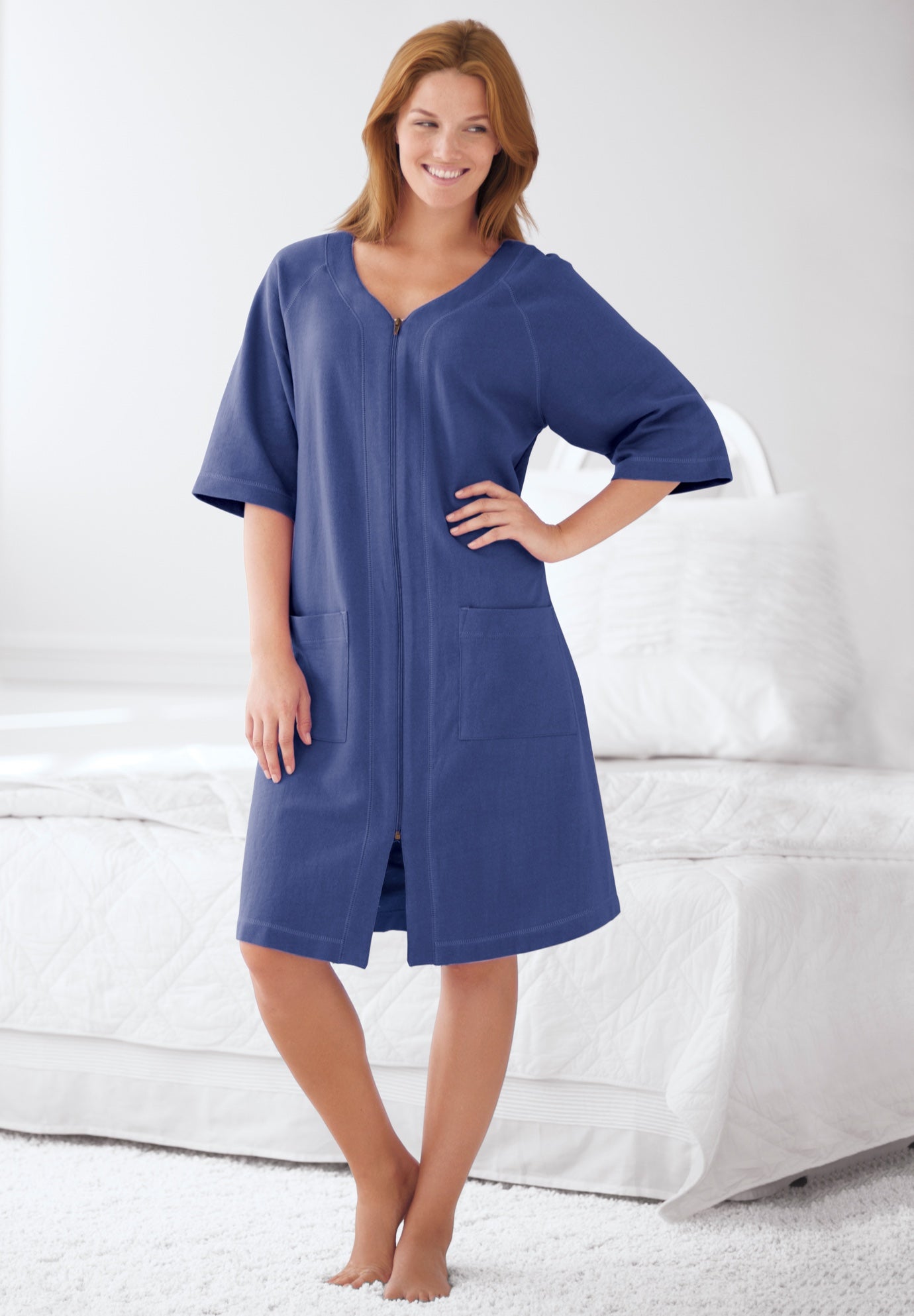 French Terry Short Zip-Front Lounge Robe, Heather Grey Stars | Woman Within