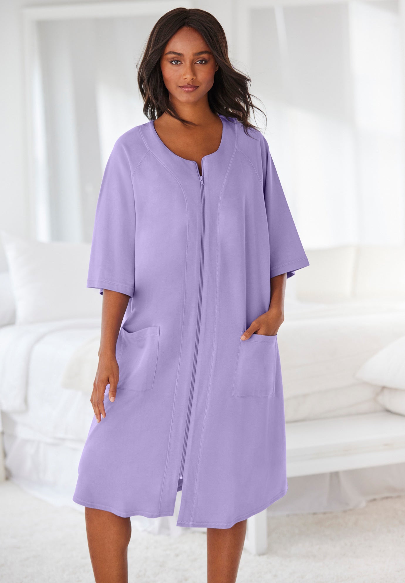 French Terry Short Zip-Front Lounge Robe, Aquamarine | Woman Within