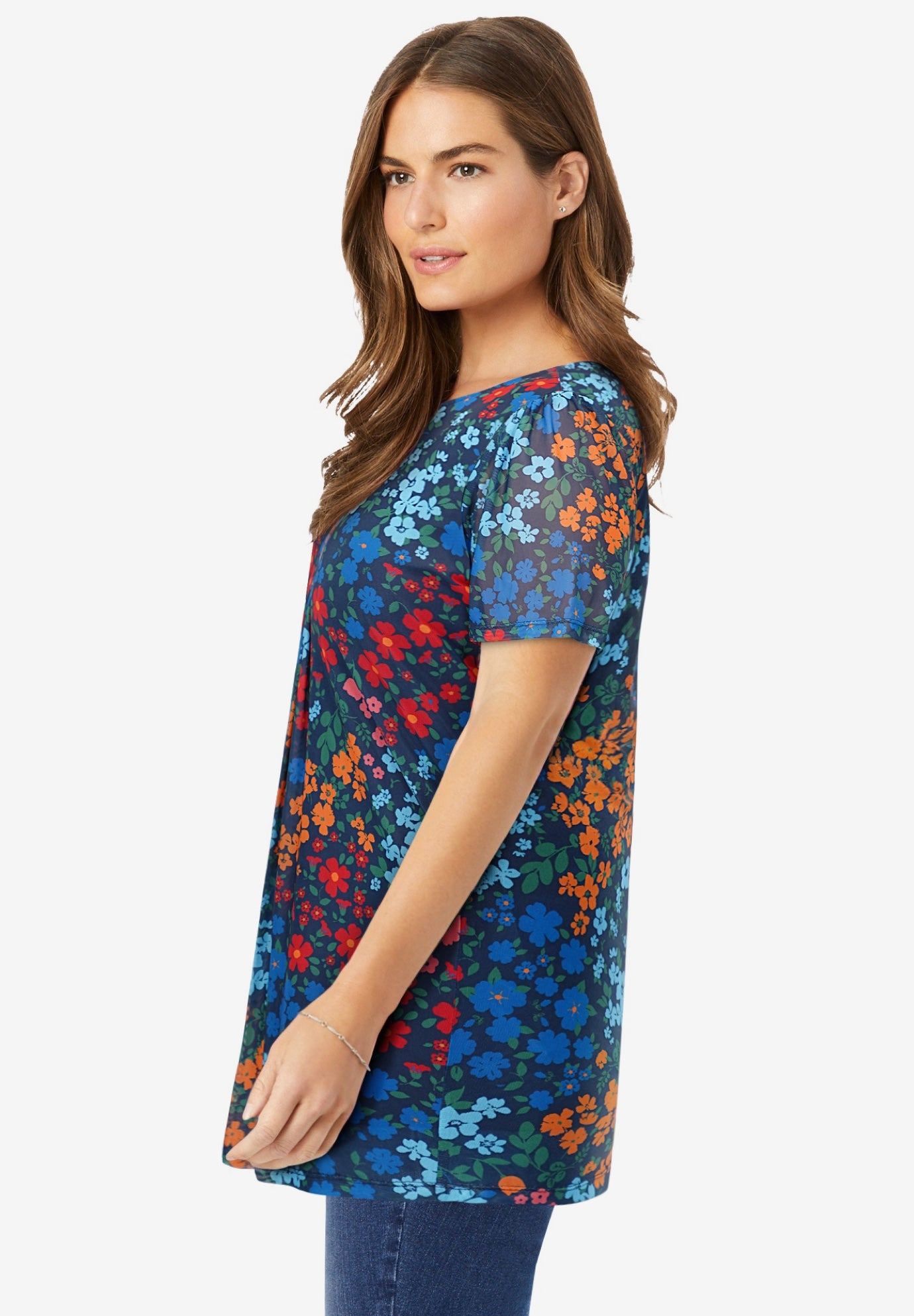 Miracle Mesh Overlay Tunic for Women, Navy Multi Floral Ditsy | Woman ...