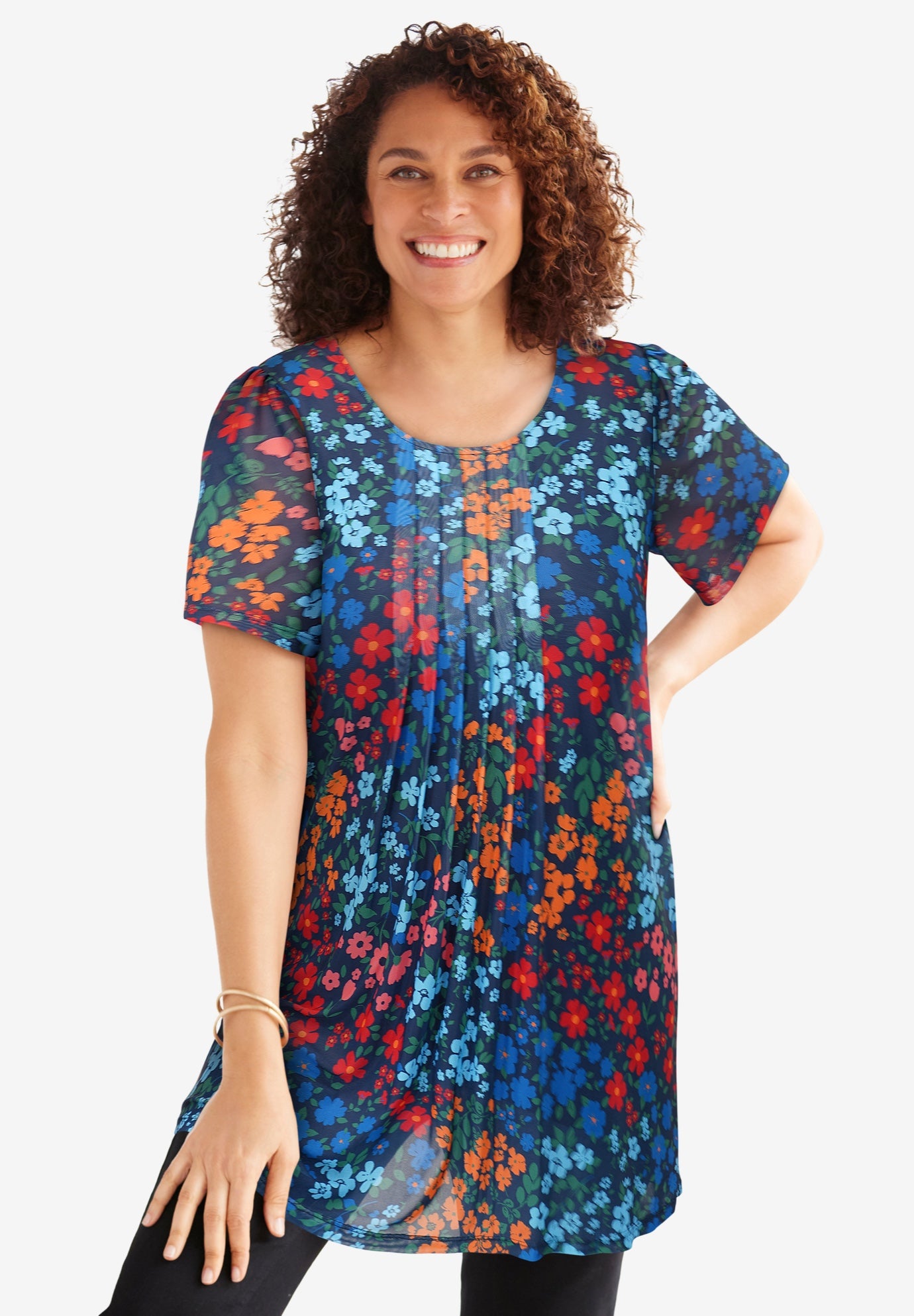 Miracle Mesh Overlay Tunic for Women, Navy Multi Floral Ditsy | Woman ...