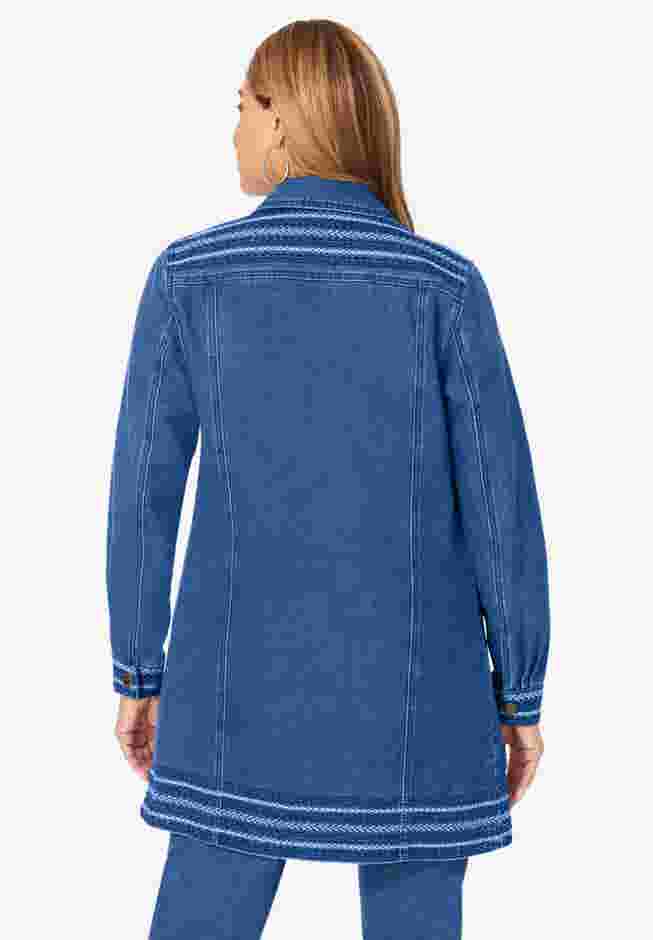Long Denim Jacket for Women - Classic Style, Medium Stonewash Braided ...