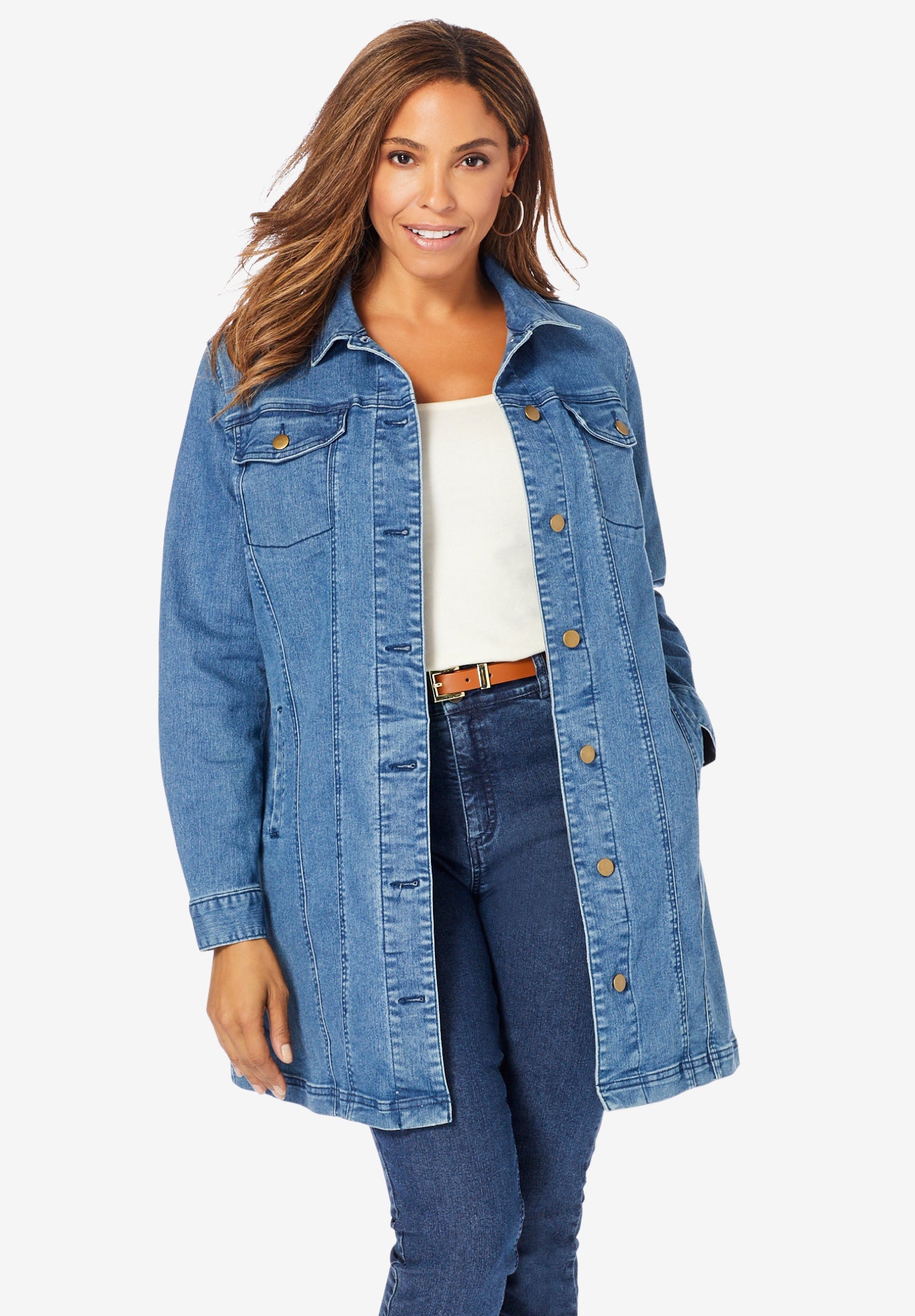 Long Denim Jacket for Women - Classic Style, Medium Stonewash | Woman ...