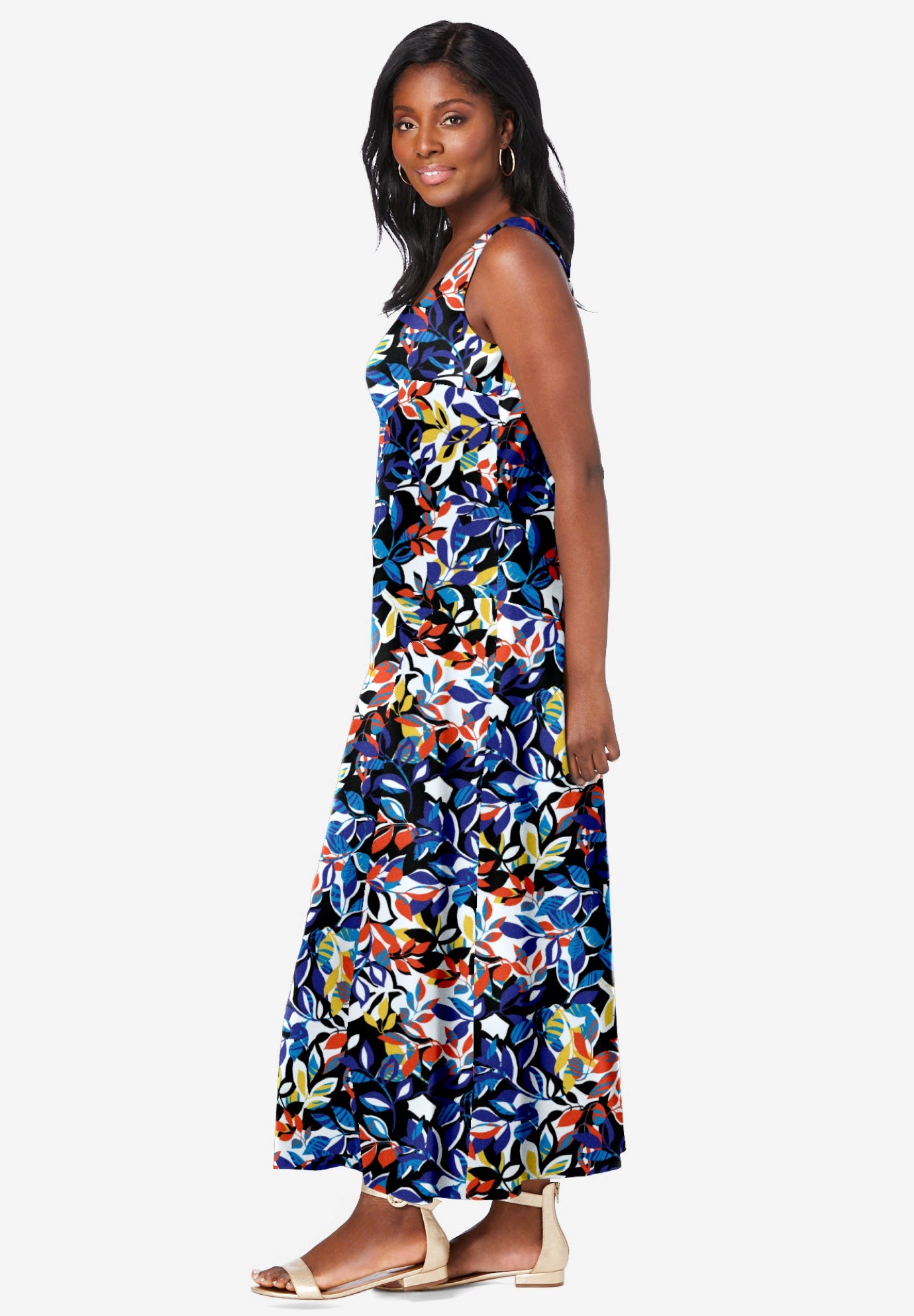 Maxi Dress with Stretch Cotton Tank Style, Multi Graphic Leaves | Woman ...