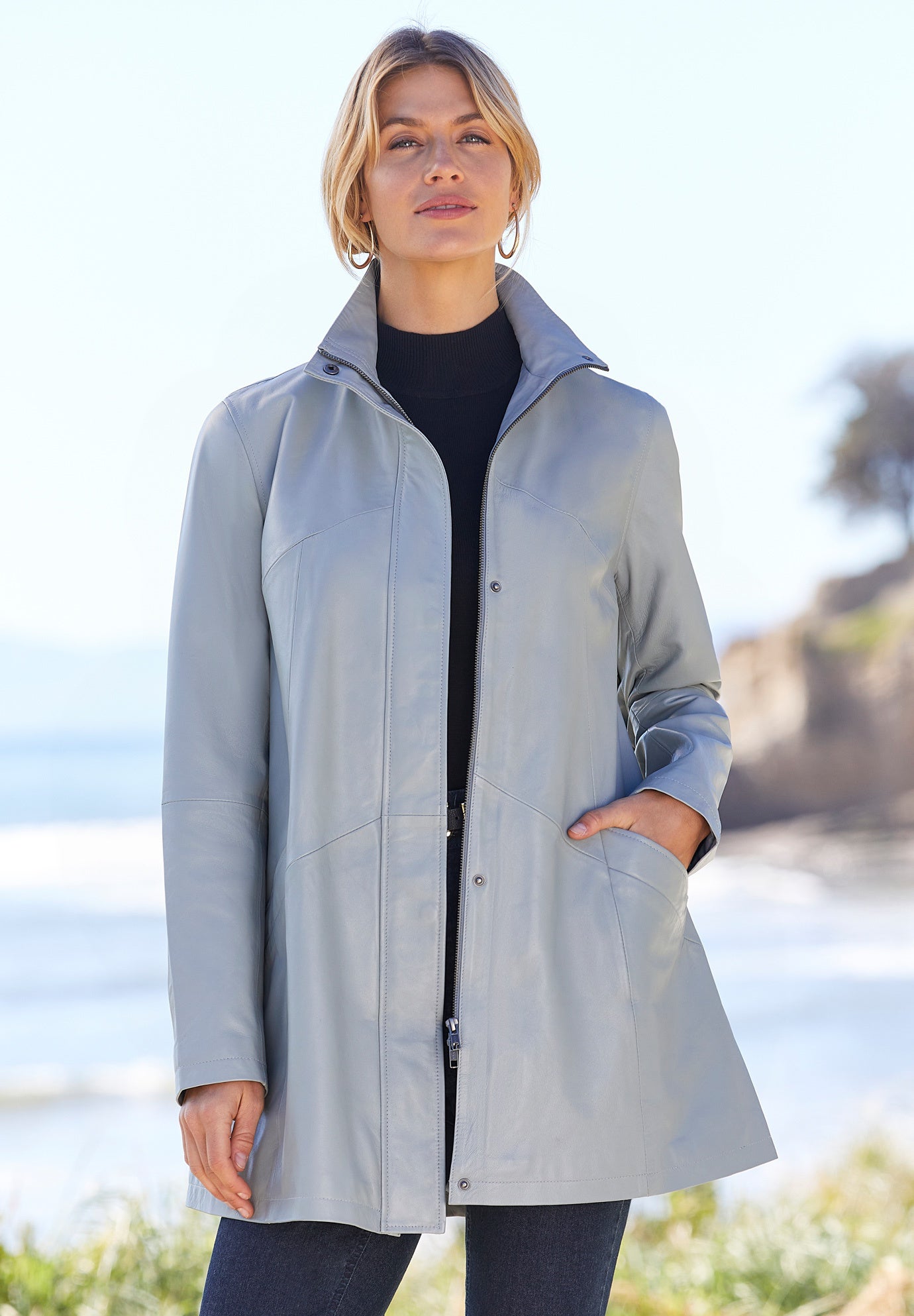 A-Line Zip Front Leather Jacket for Women, Black | Woman Within