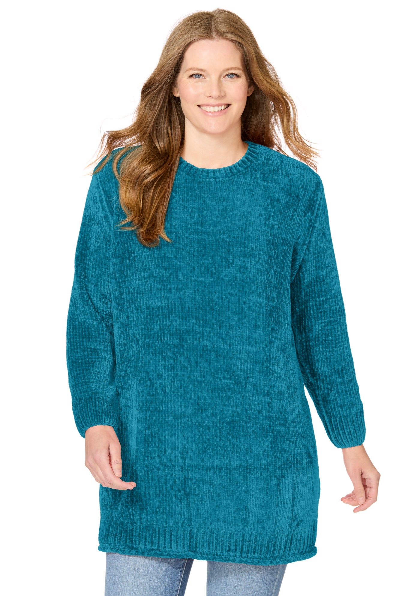 Chenille Crewneck Sweater for Cozy Cold Weather, Deep Teal | Woman Within