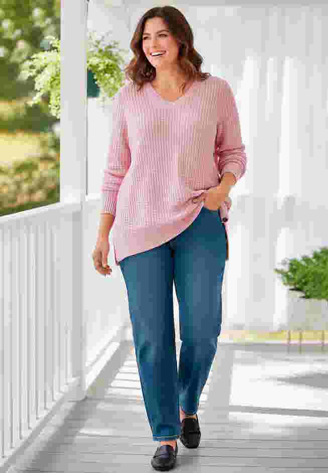 Side Button Waffle Knit V-Neck Sweater, Pink | Woman Within