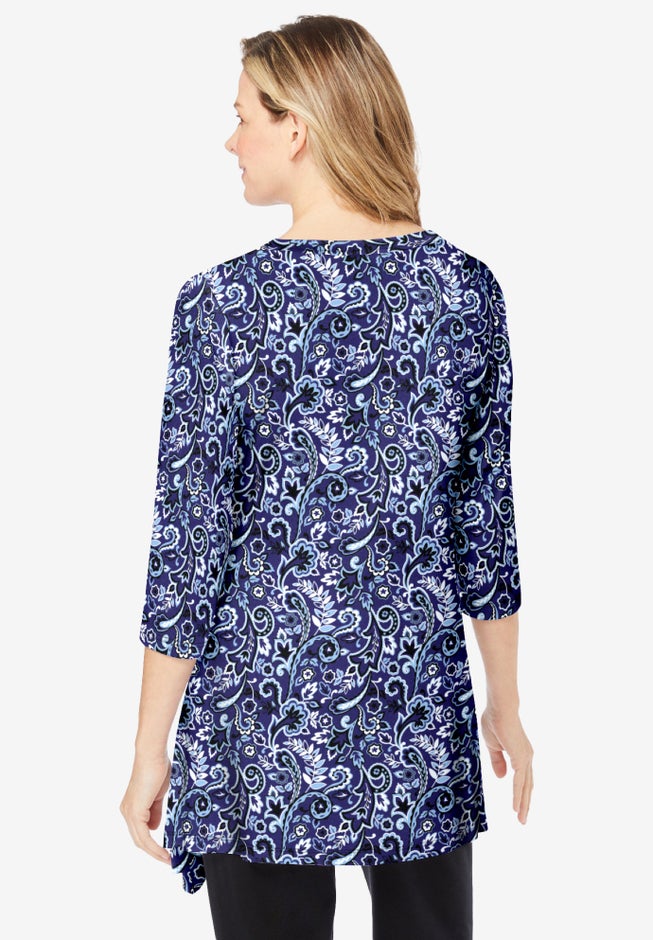 Sharkbite Tunic - Soft Stretch Knit Top, Navy Pretty Paisley | Woman Within