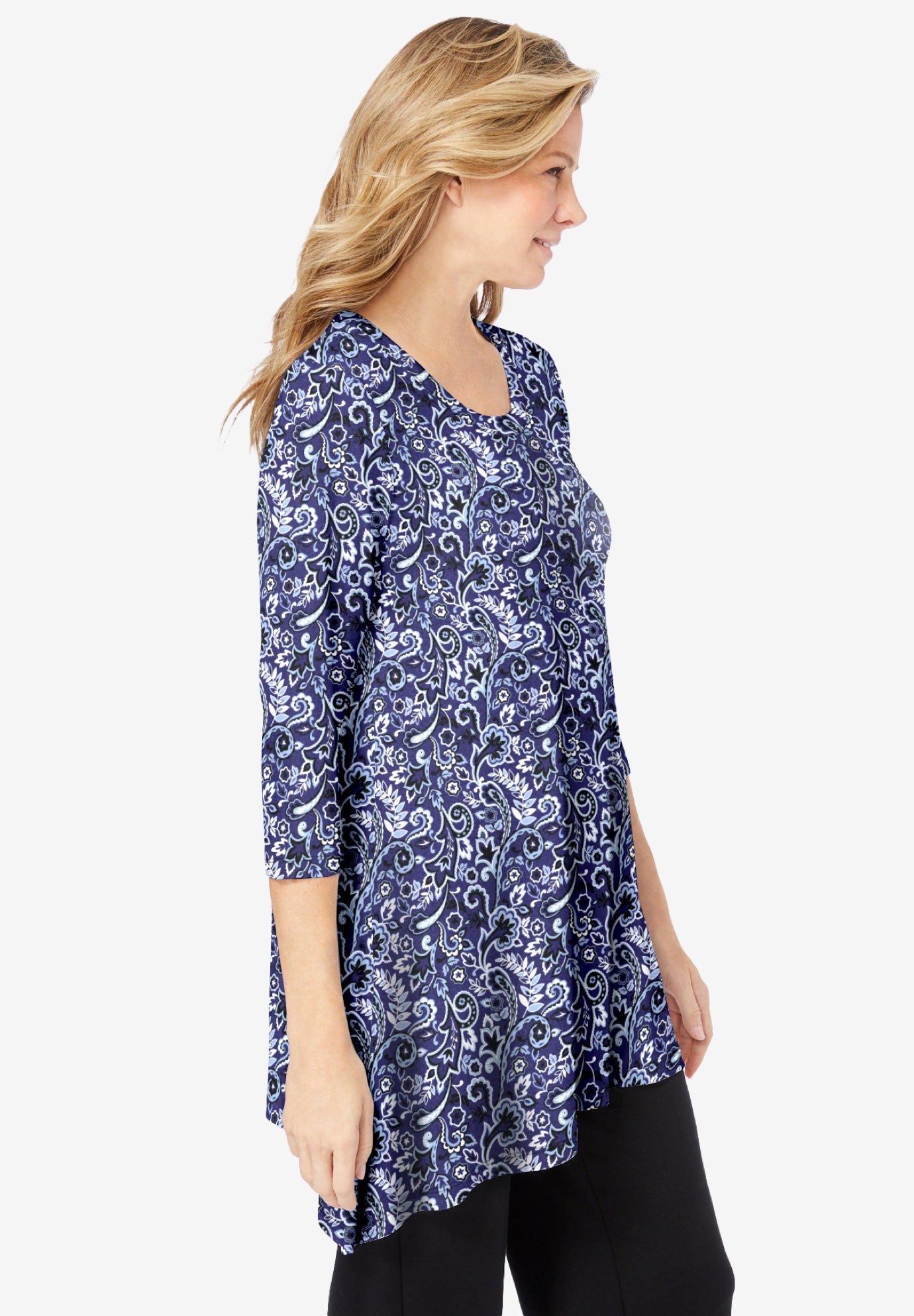 Sharkbite Tunic - Soft Stretch Knit Top, Navy Pretty Paisley | Woman Within