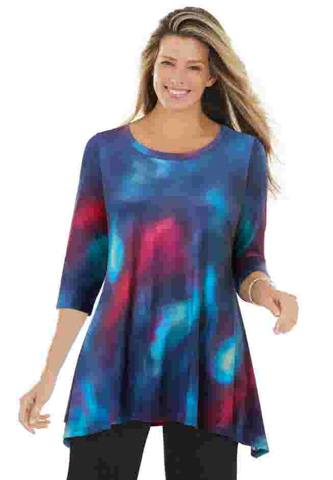 Sharkbite Tunic - Soft Stretch Knit Top, Navy Multi Tie Dye | Woman Within