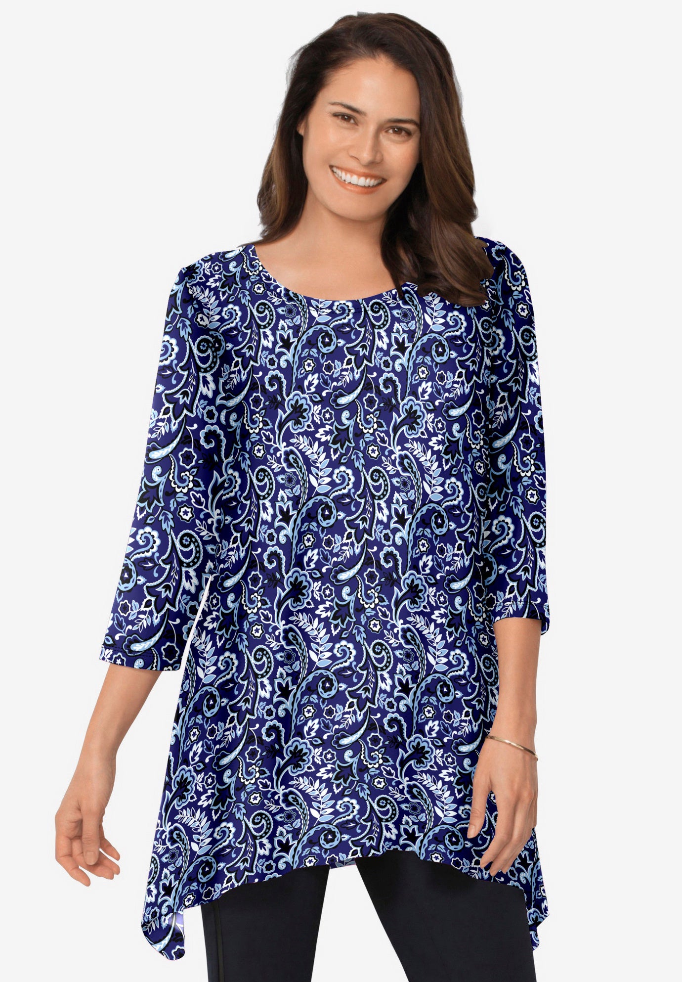 Sharkbite Tunic - Soft Stretch Knit Top, Navy Pretty Paisley | Woman Within