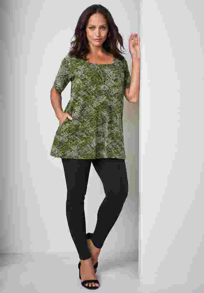Stretch Cotton Square Neck Tunic Top, Olive Drab Tribal Animal | Woman ...