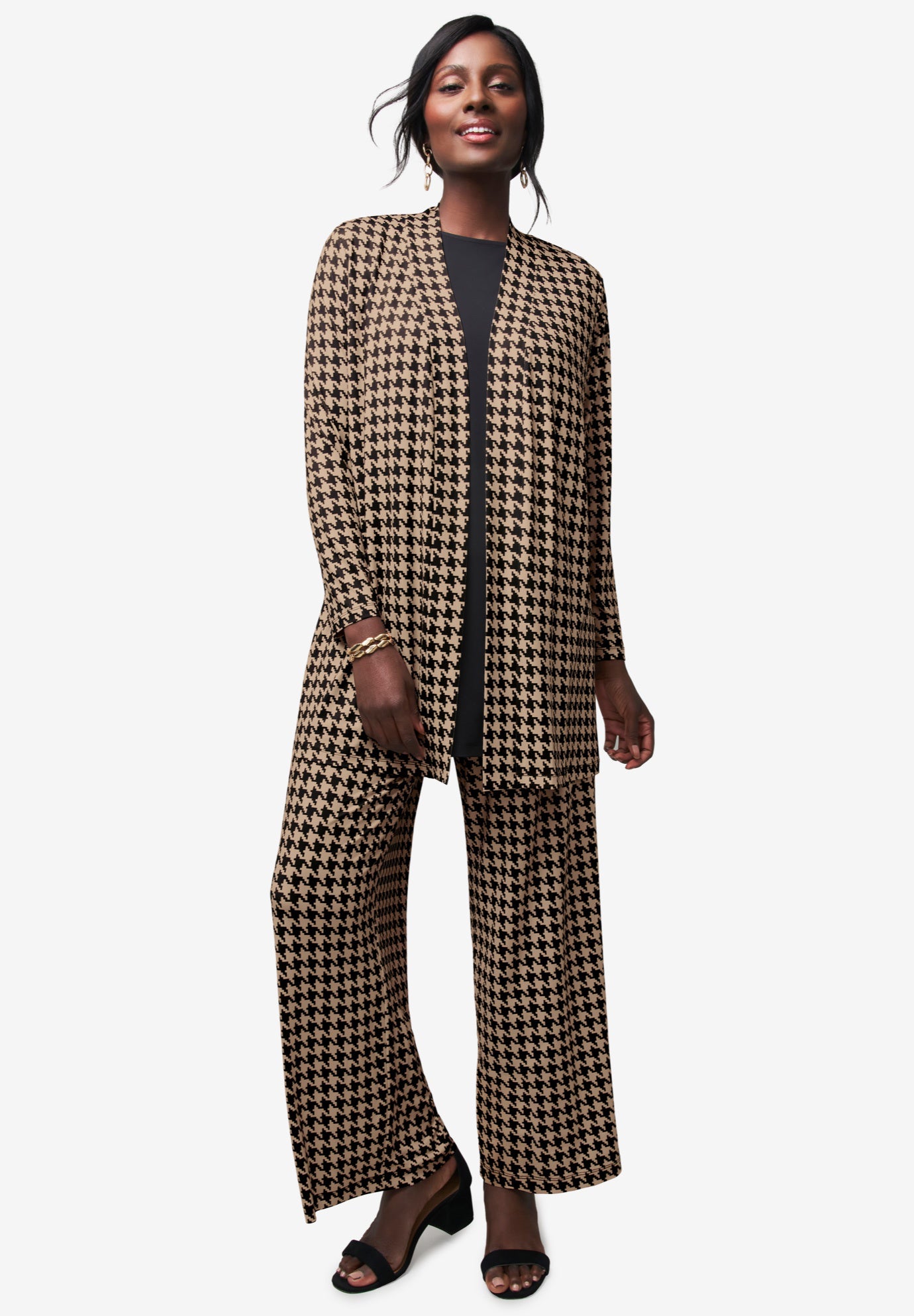 Stretch Knit Open Front Topper - Tulip Sleeves, Black Floral | Woman Within