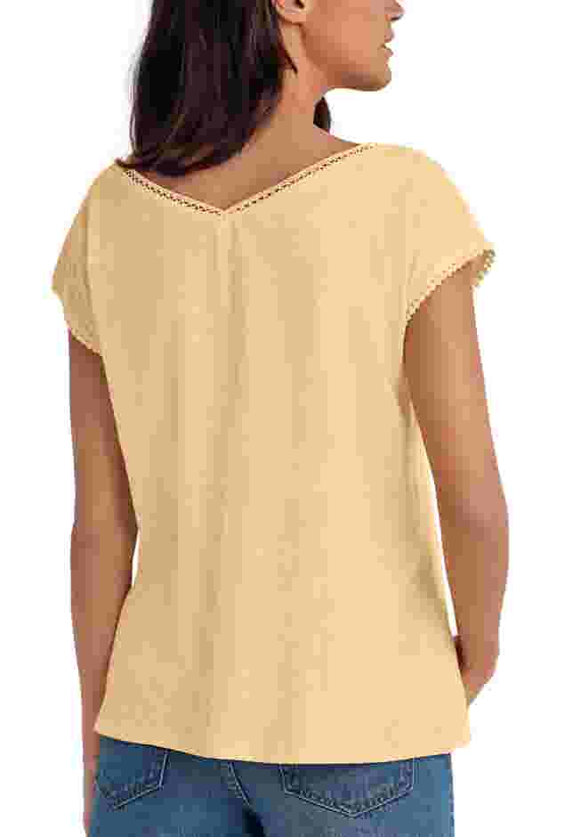 Crochet Trim Tee - V-Neck Dolman Sleeves, Dusty Maize | Woman Within