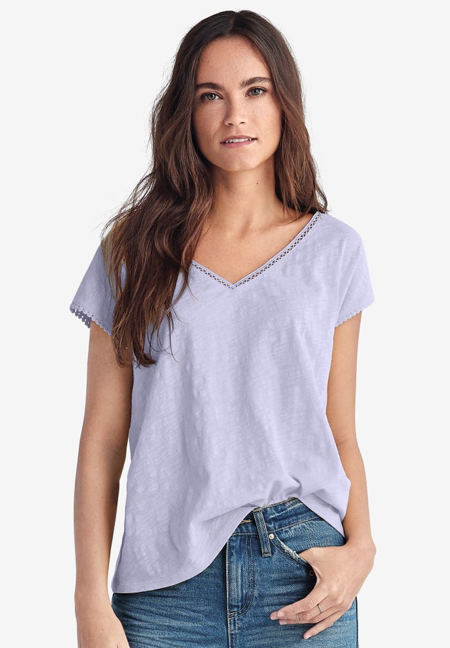 Crochet Trim Tee - V-Neck Dolman Sleeves, Lavender Mist | Woman Within