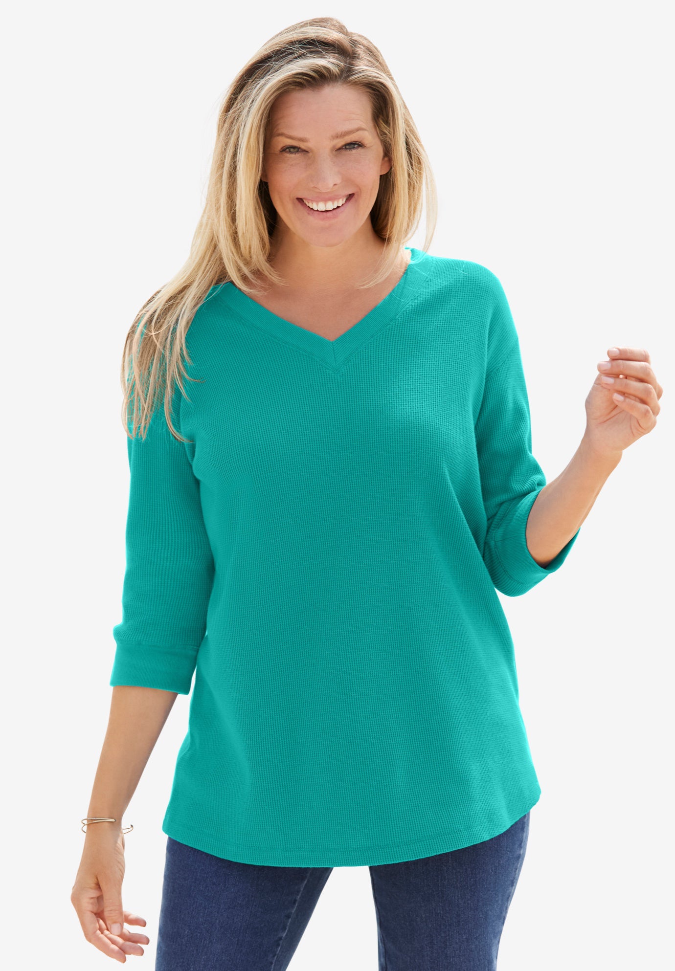 Three-Quarter Sleeve Thermal V-Neck Pullover, Bright Cobalt | Woman Within