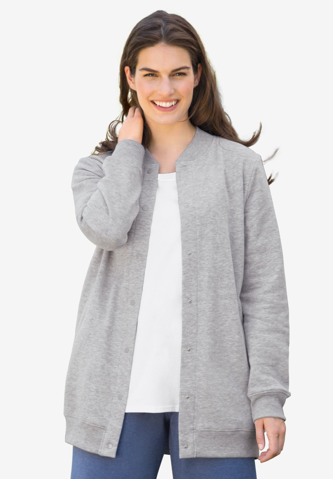 Fleece Knit Baseball Jacket – Sporty Style, Heather Grey | Woman Within